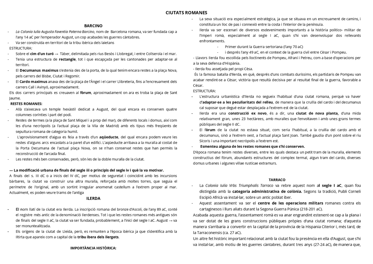 Ciutats Romanes Selectivitat Docsity