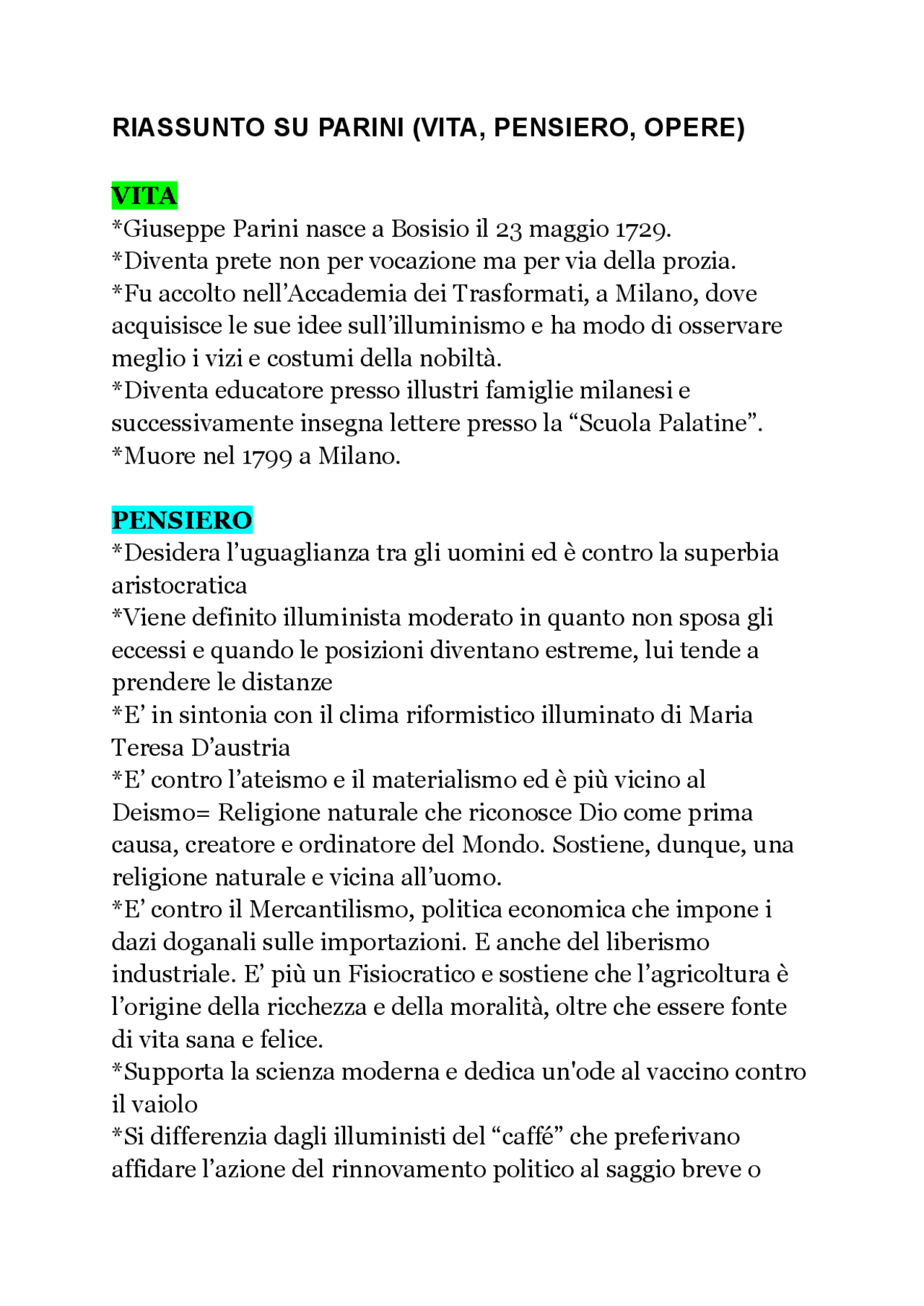 Giuseppe Parini Brevi Concetti Docsity