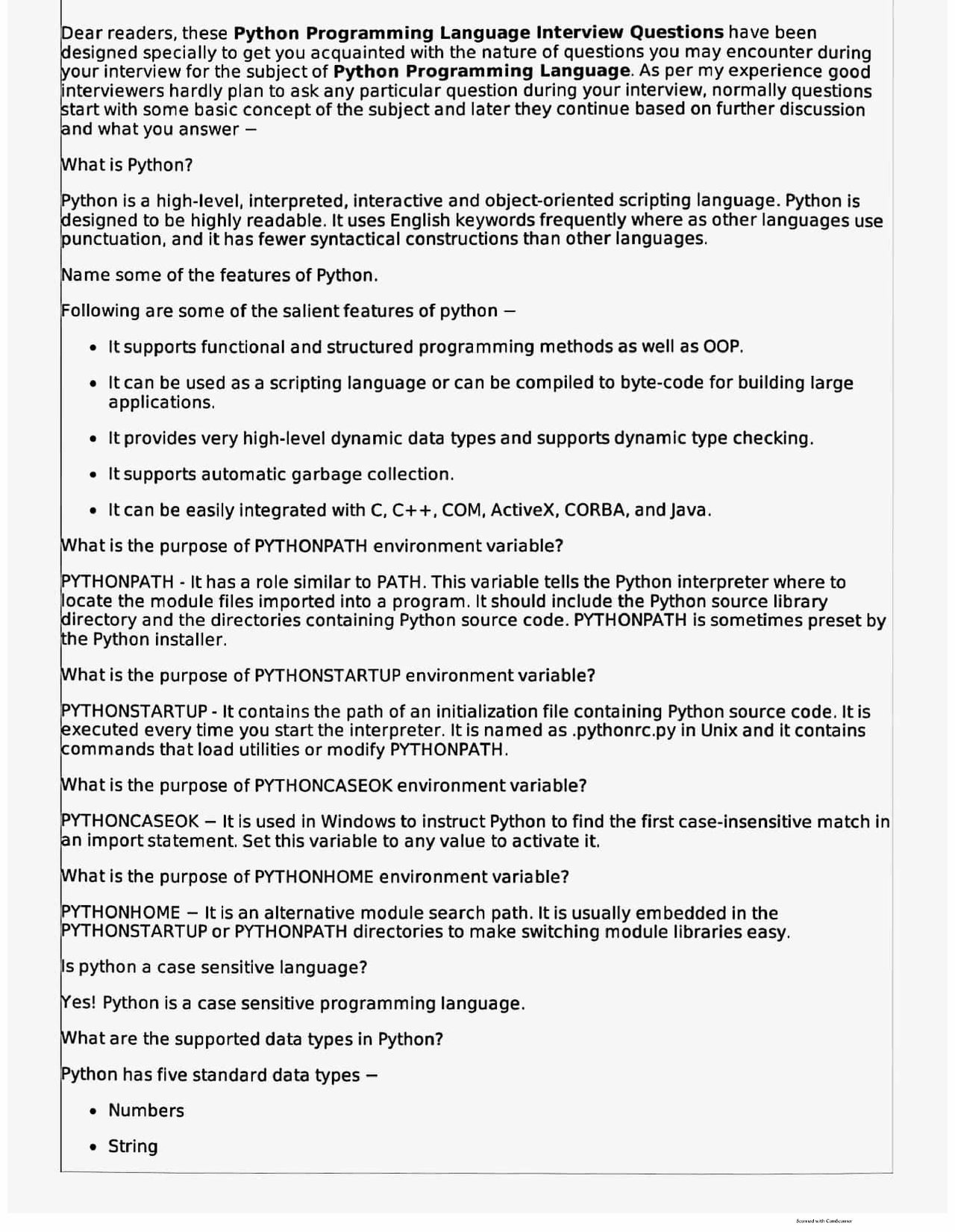 Phyton language interview Question | Summaries Computer Programming | Docsity