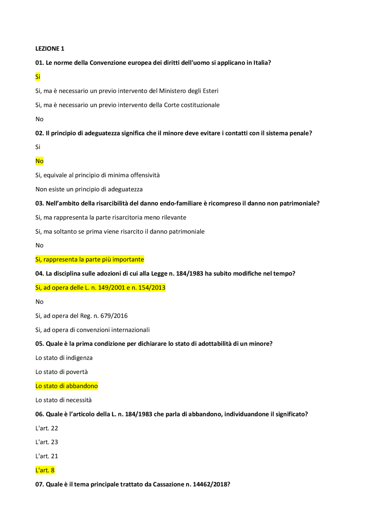 Domande Chiuse Diritto Minorile Panieri Di Diritto Privato Docsity