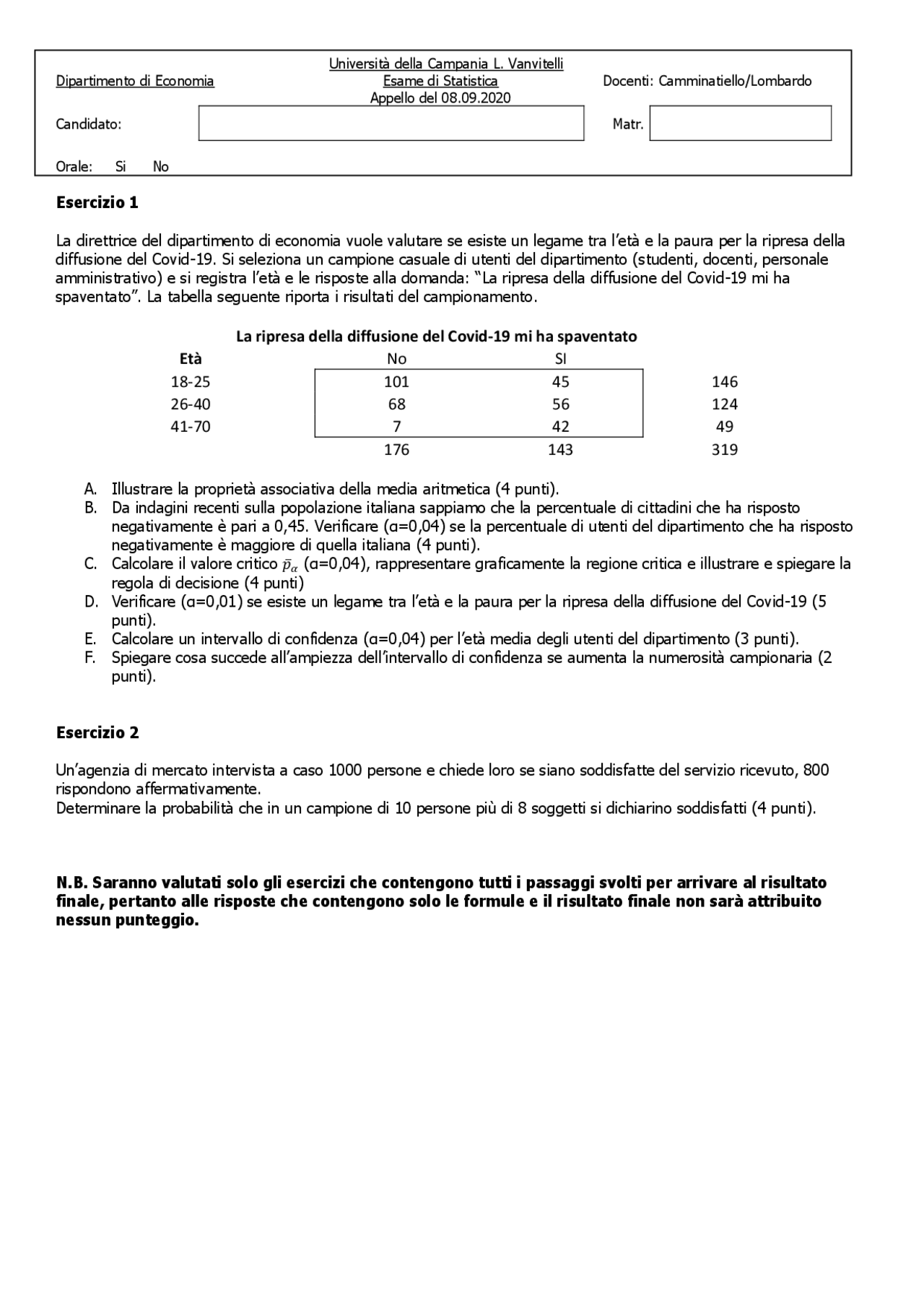 Prove Esame Di Statistica Intero Docsity