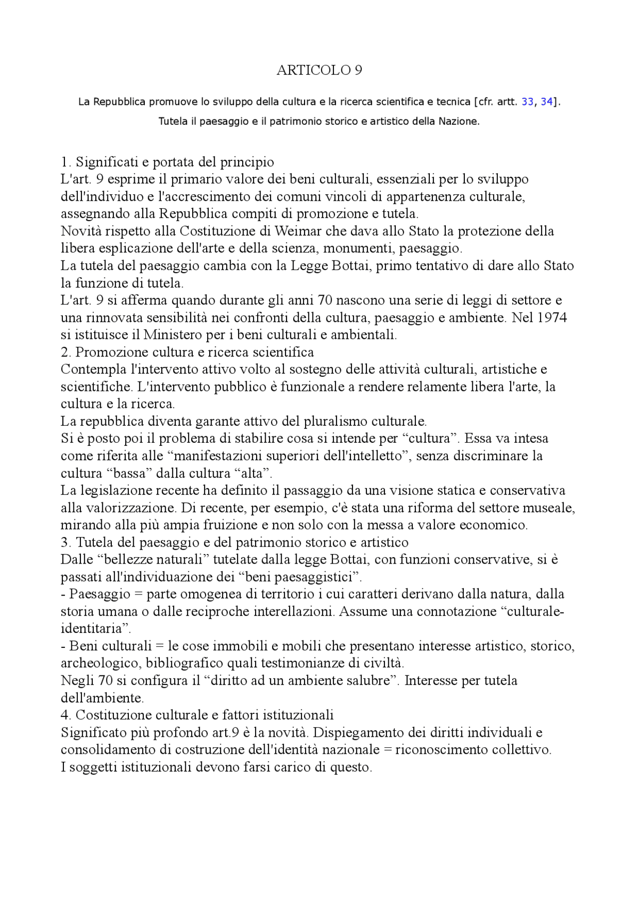 ARTICOLO 9 Costituzione Italiana + spiegazione e commento - Docsity