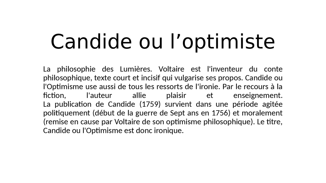 Candide De Voltaire Analyse Slide Di Francese Docsity