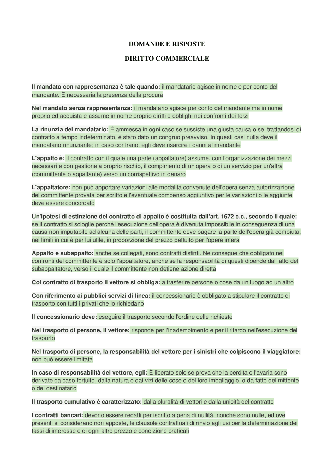 DIRITTO COMMERCIALE- DOMANDE E RISPOSTE - Docsity