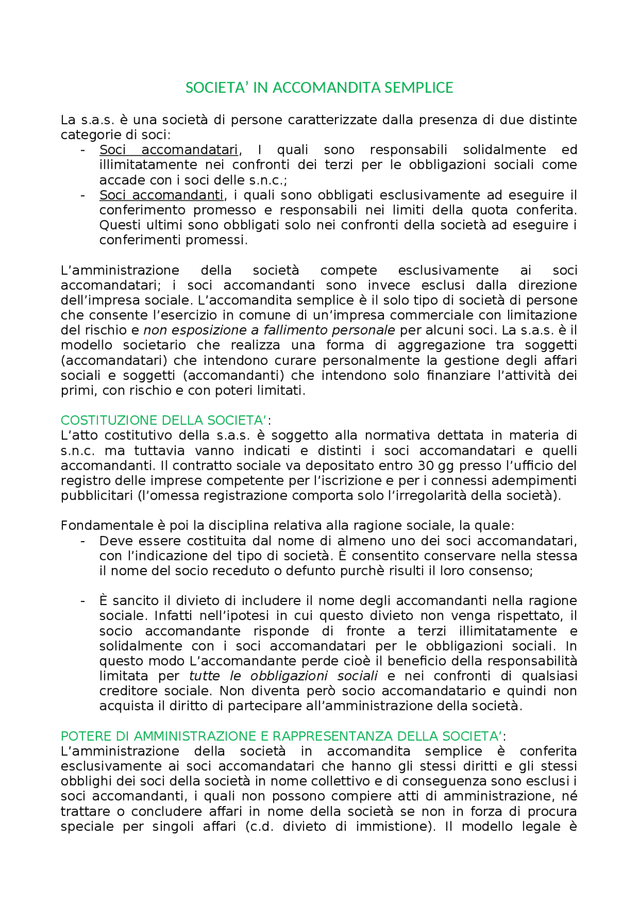 La Società In Accomandita Semplice Docsity
