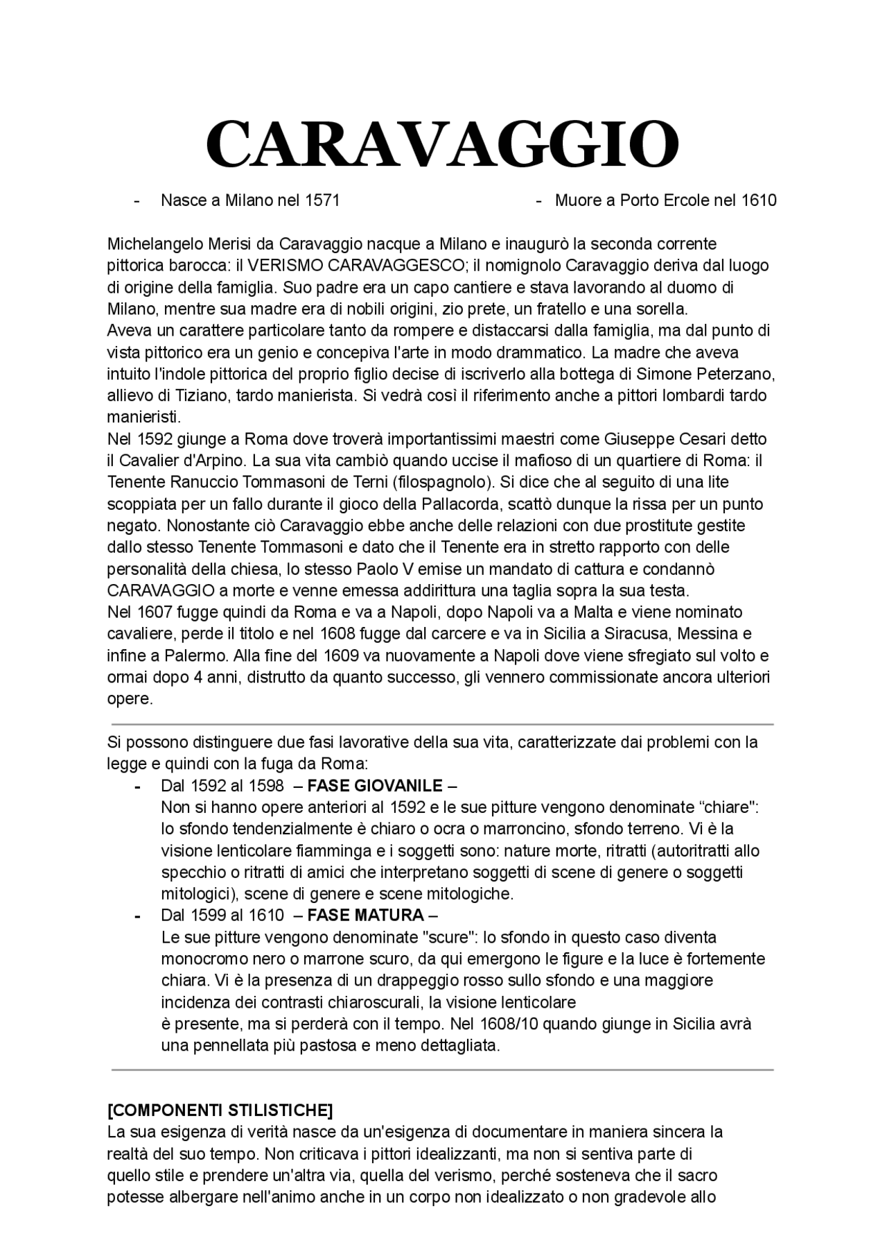 La vita di CARAVAGGIO - Docsity