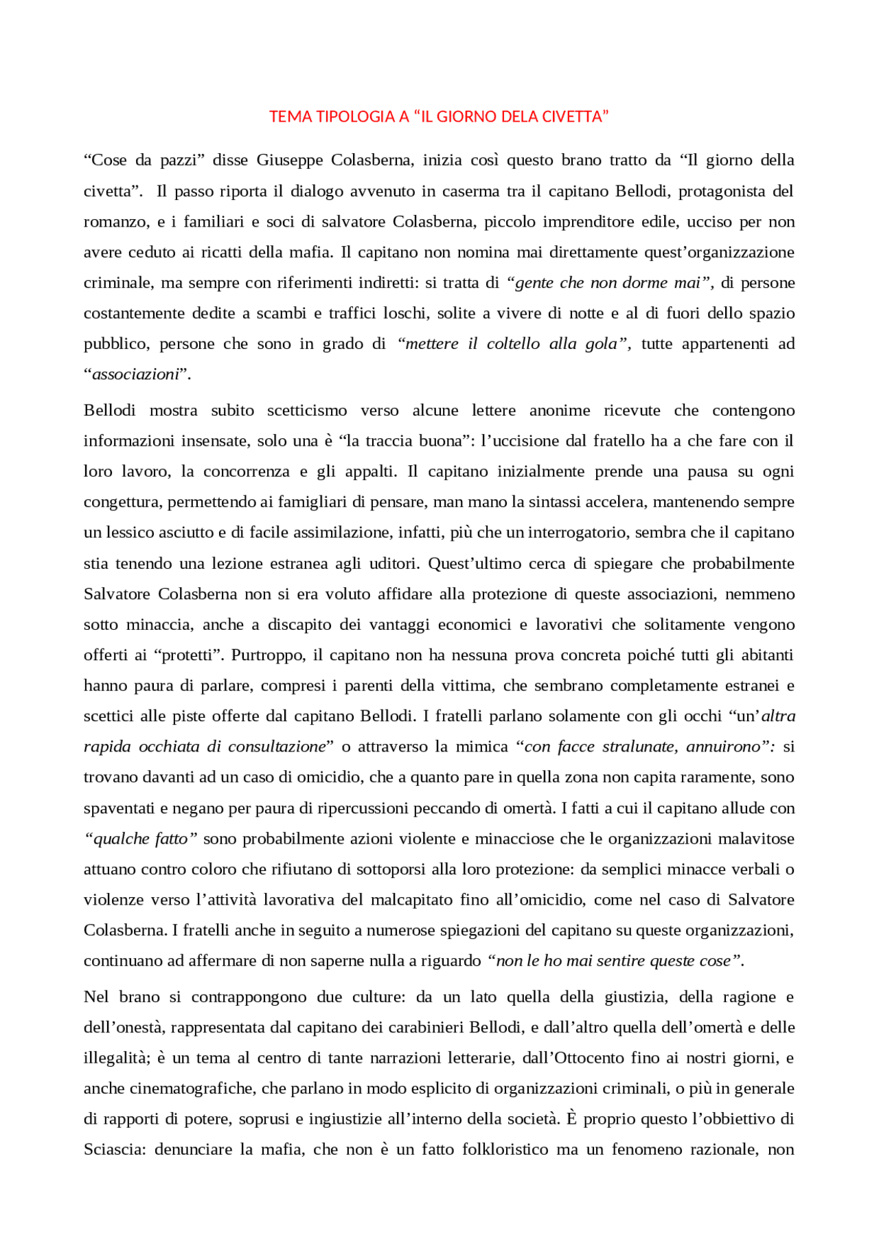 Tema Su Il Giorno Della Civetta Docsity