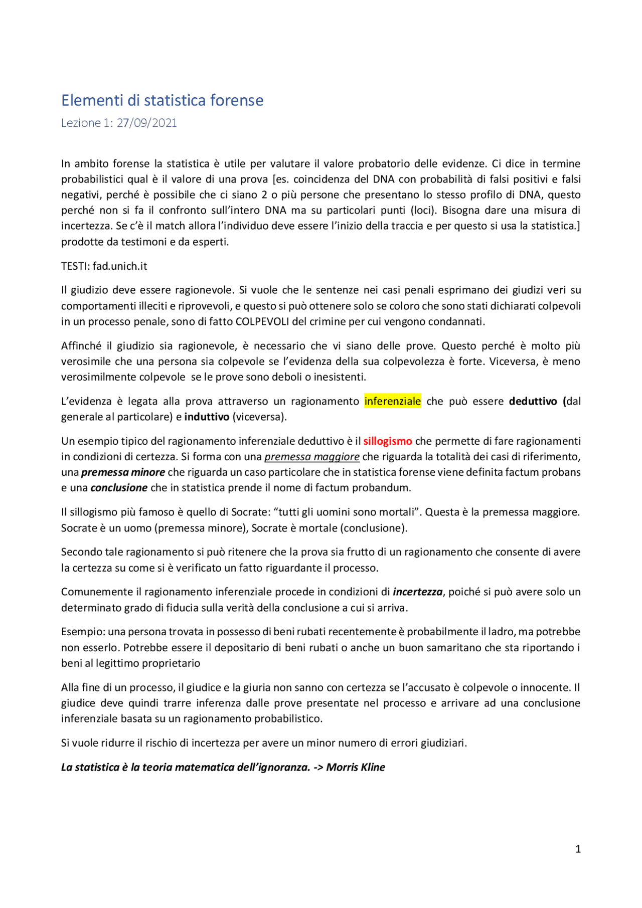 Elementi Di Statistica Forense Docsity