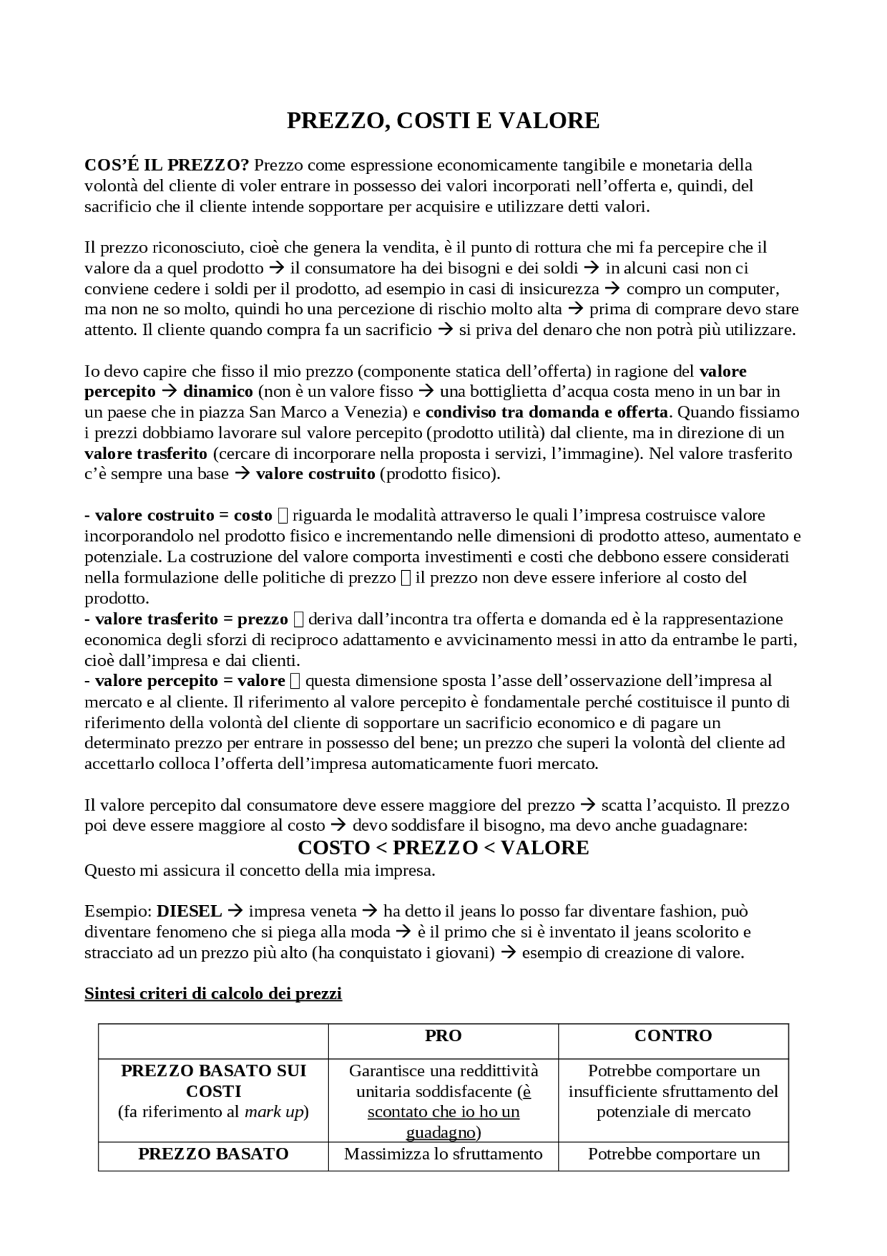 Prezzo Costi E Valore Docsity