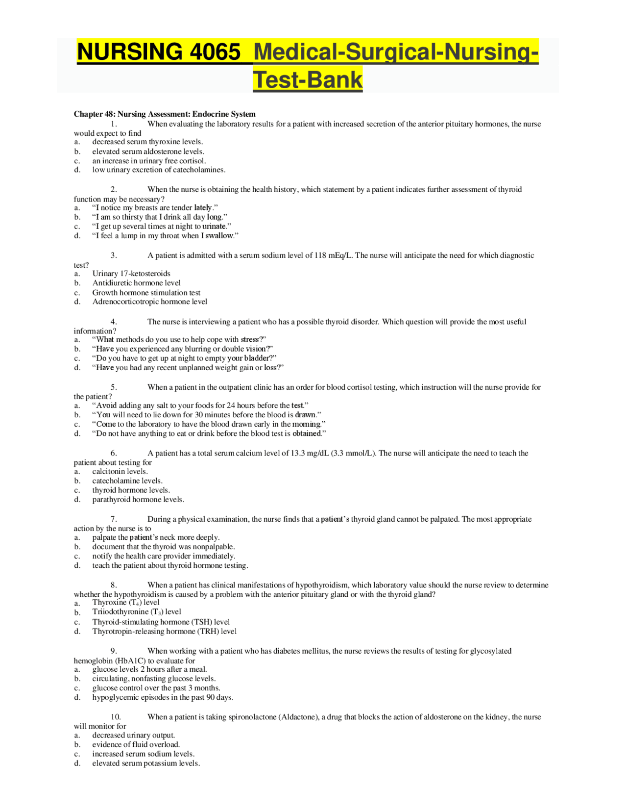 NURSING 4065 Medical-Surgical-Nursing-Test-Bank - Docsity