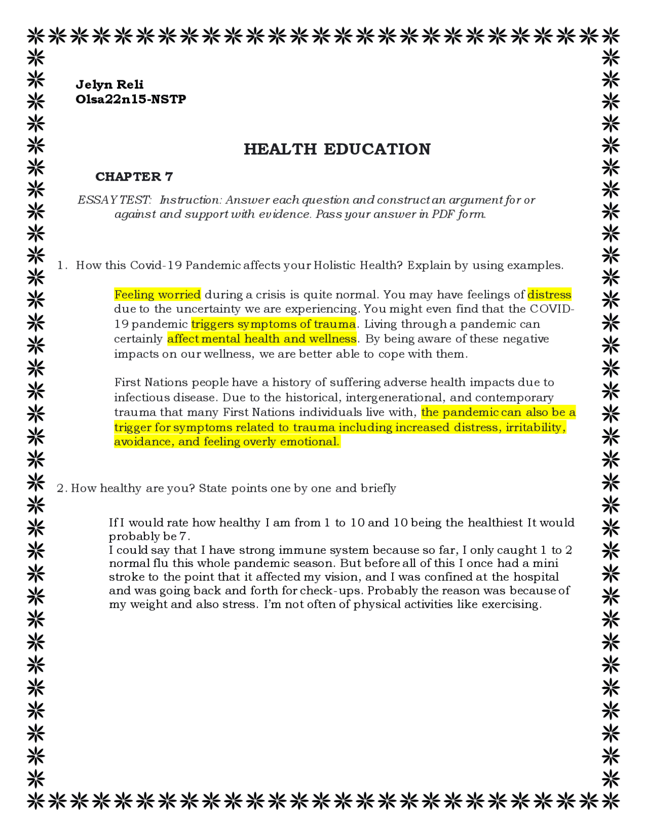 HEALTH EDUCATION IN NSTP CHAPTER 7 | Assignments Public Health | Docsity