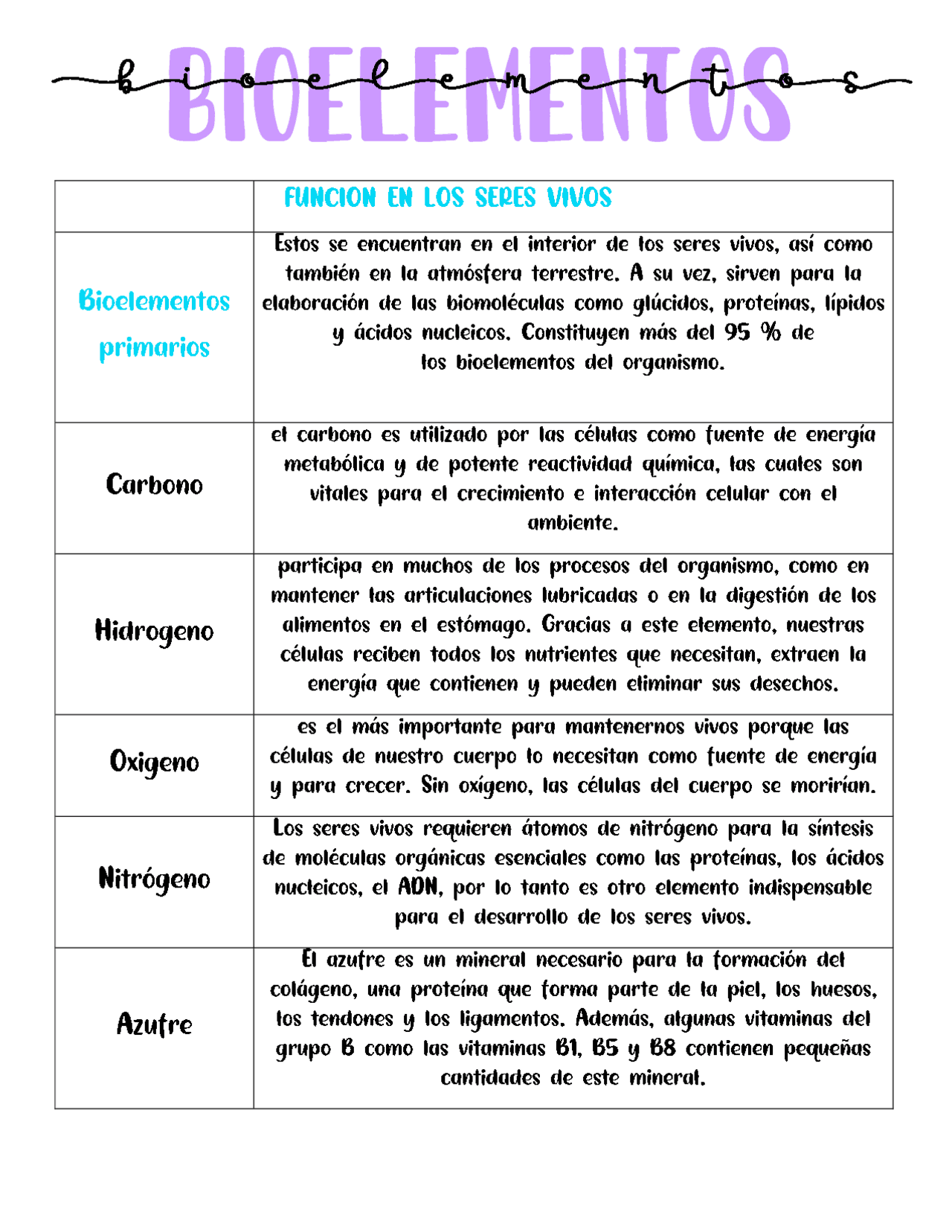 Tabla de los bioelementos - Docsity