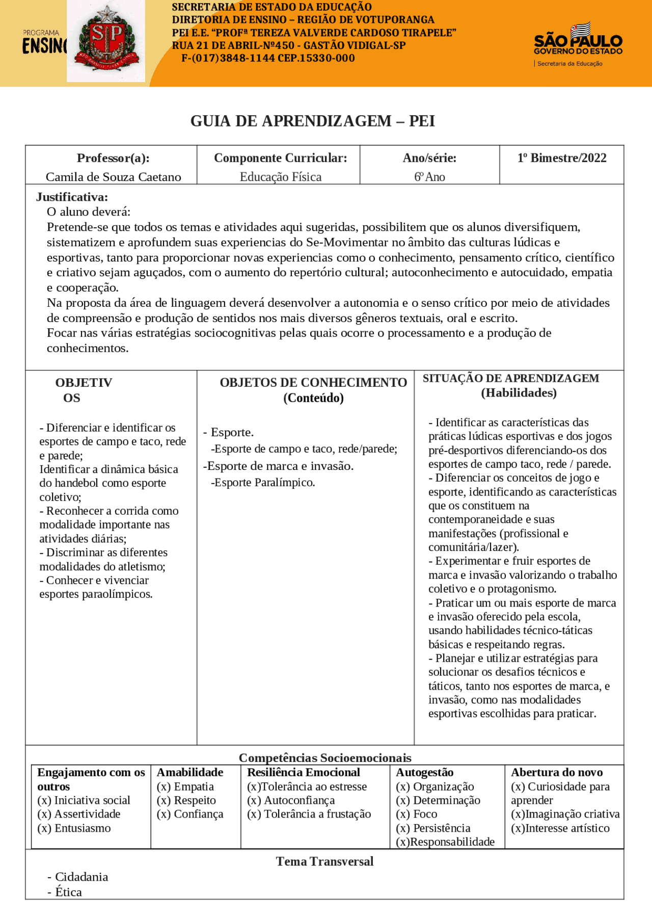 Plano de Ensino de Educação Física para o 6º Ano - 1º Bimestre/2022 ...