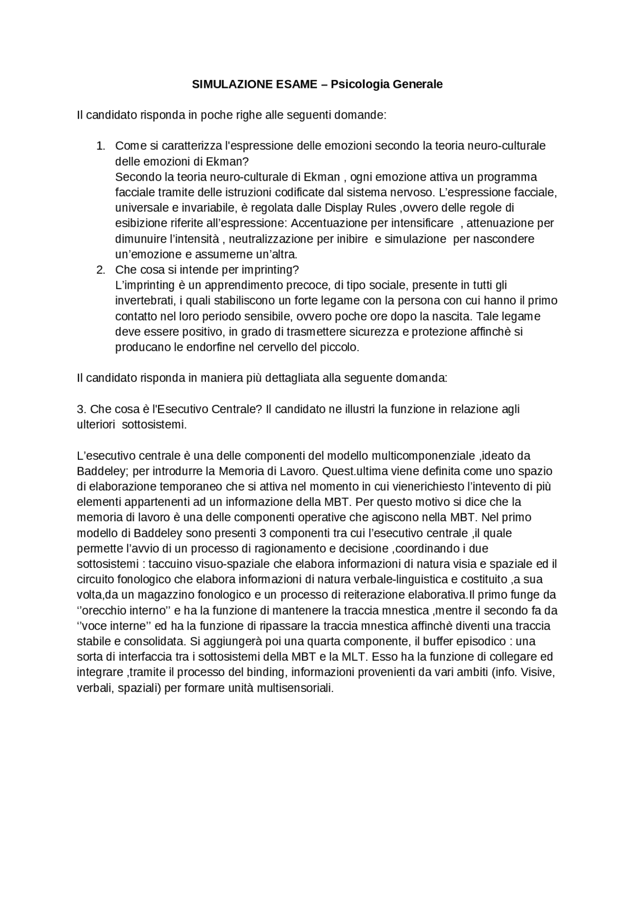 Simulazione esame scritto psicologia generale - Docsity
