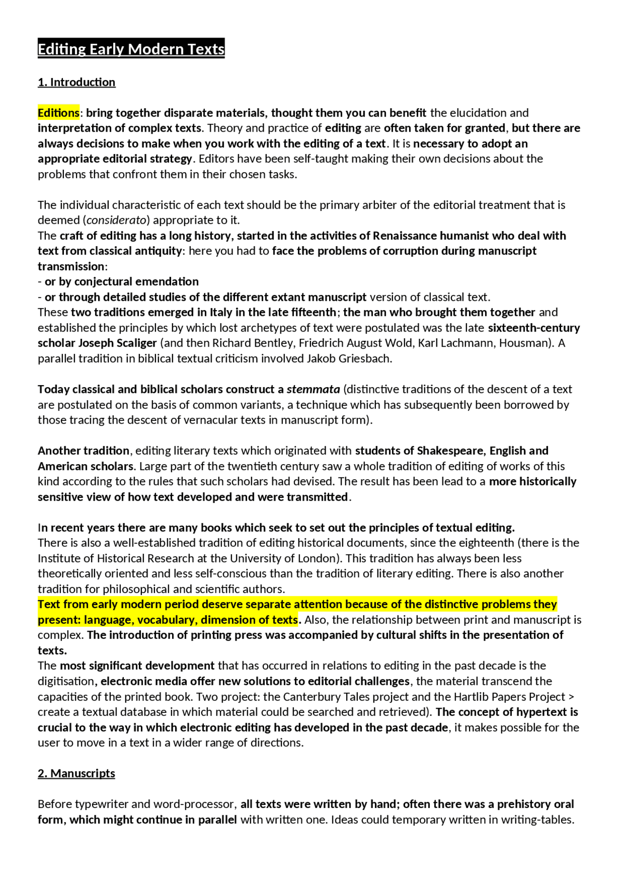 Editing early modern texts - Riassunto - Docsity