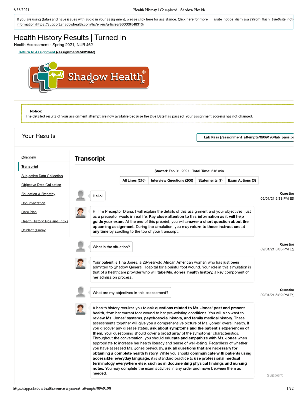 Health History Completed Shadow Health(Transcript) - Docsity