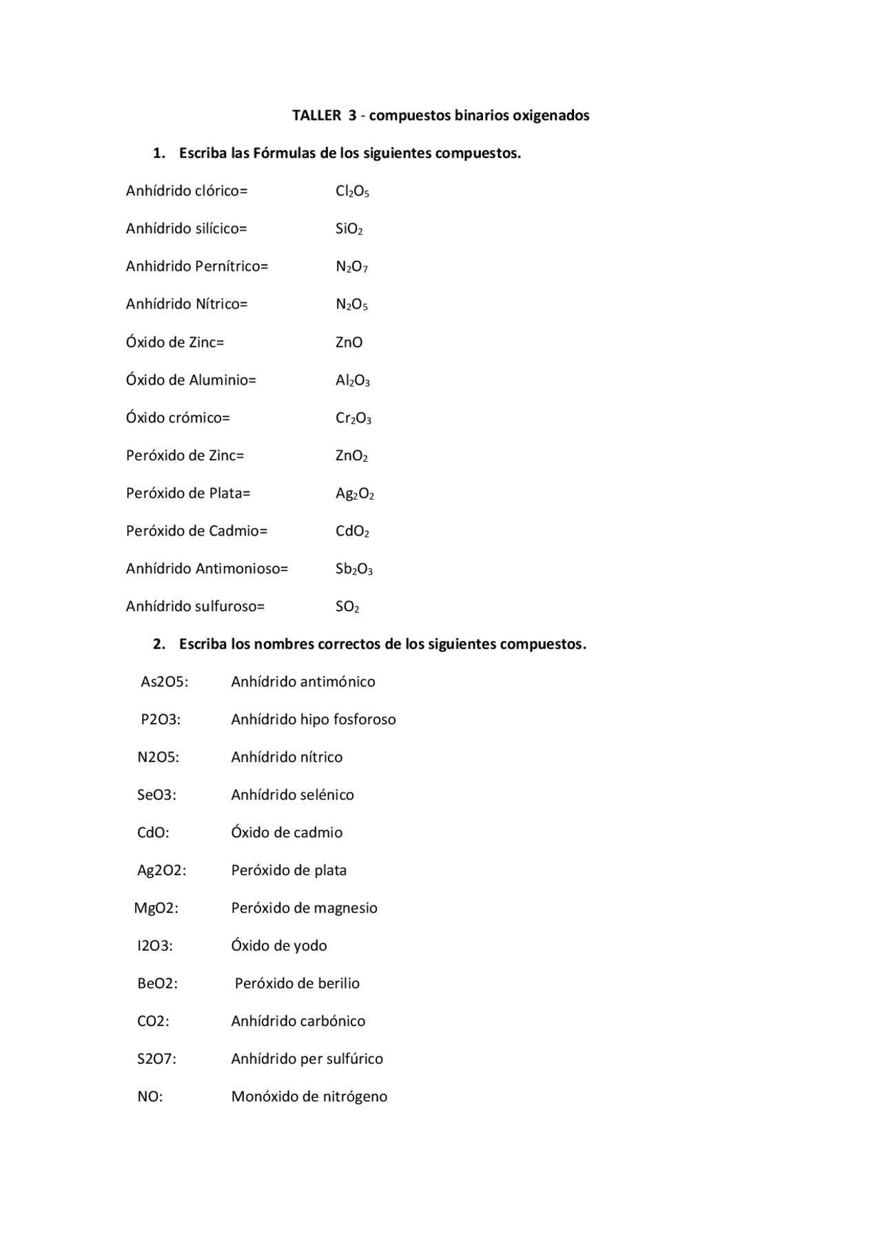 Ejercicios De Los Compuestos Binarios Oxigenados Docsity