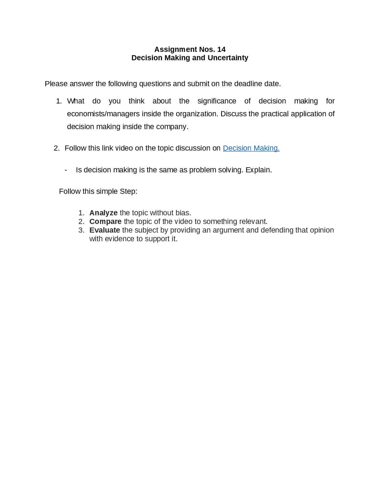 Assignment Nos. 14 Decision Making and Uncertainty - Docsity