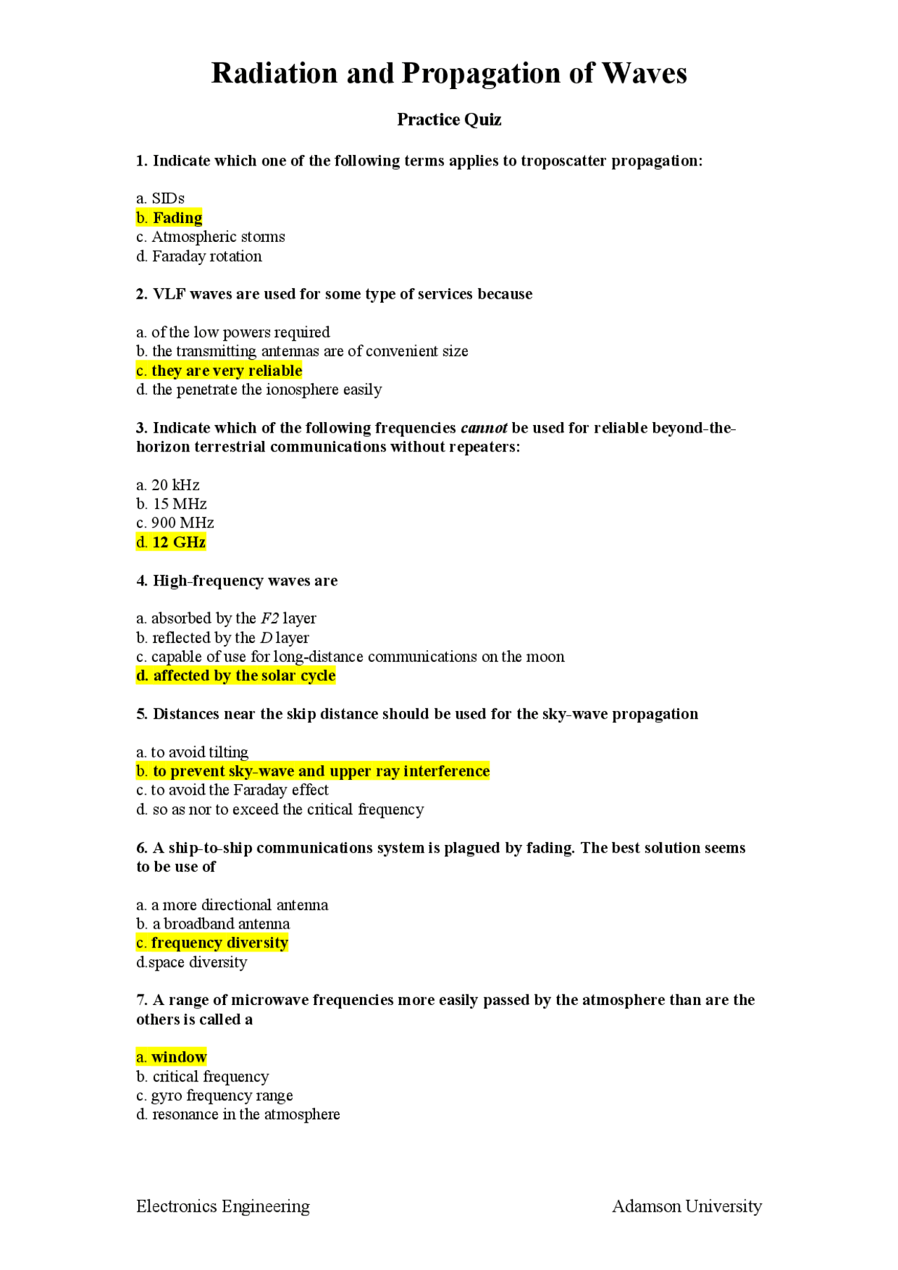 Radiation and Propagation of Waves Practice Quiz with Answers - Docsity