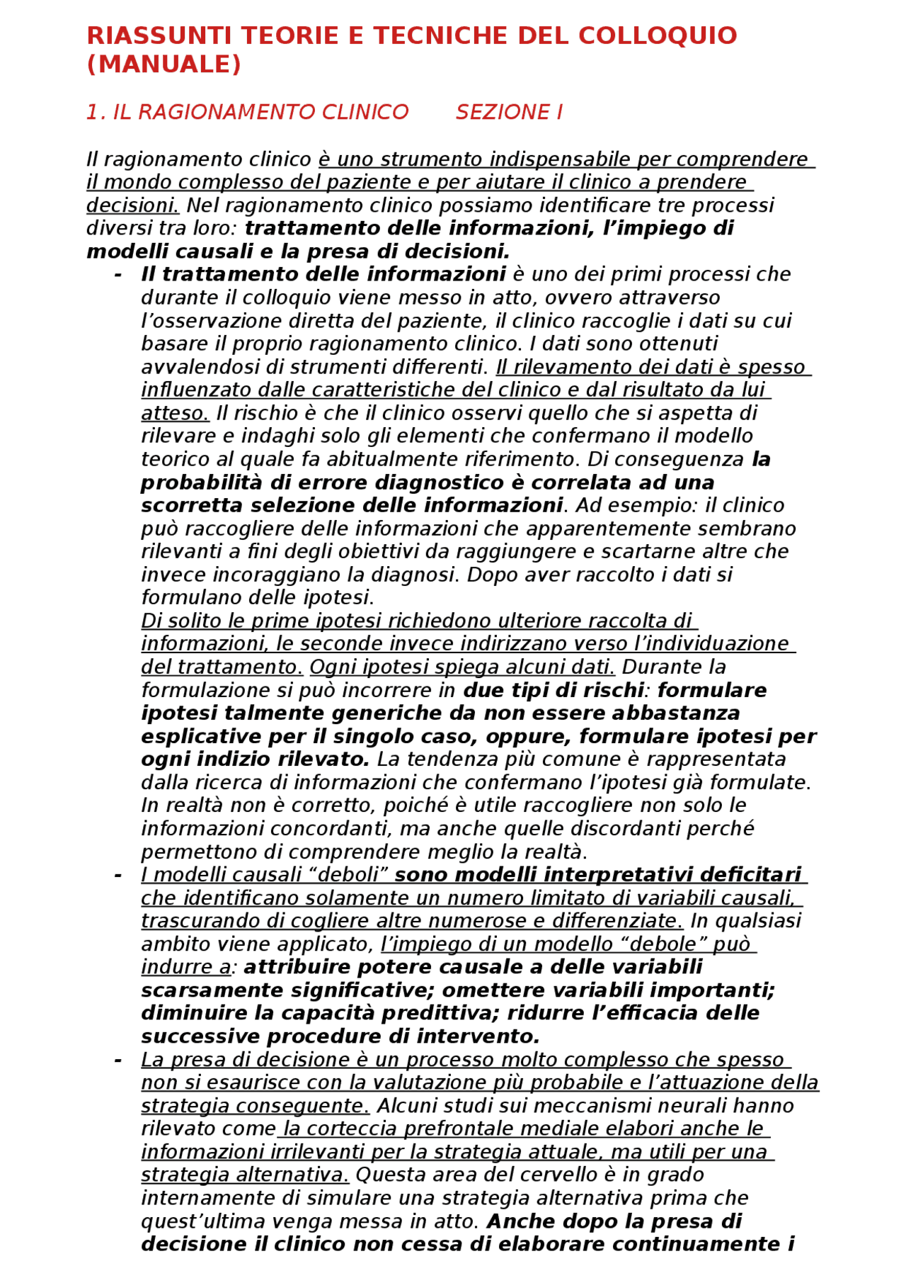 Manuale Di Modelli Di Colloquio In Psicologia Clinica Docsity