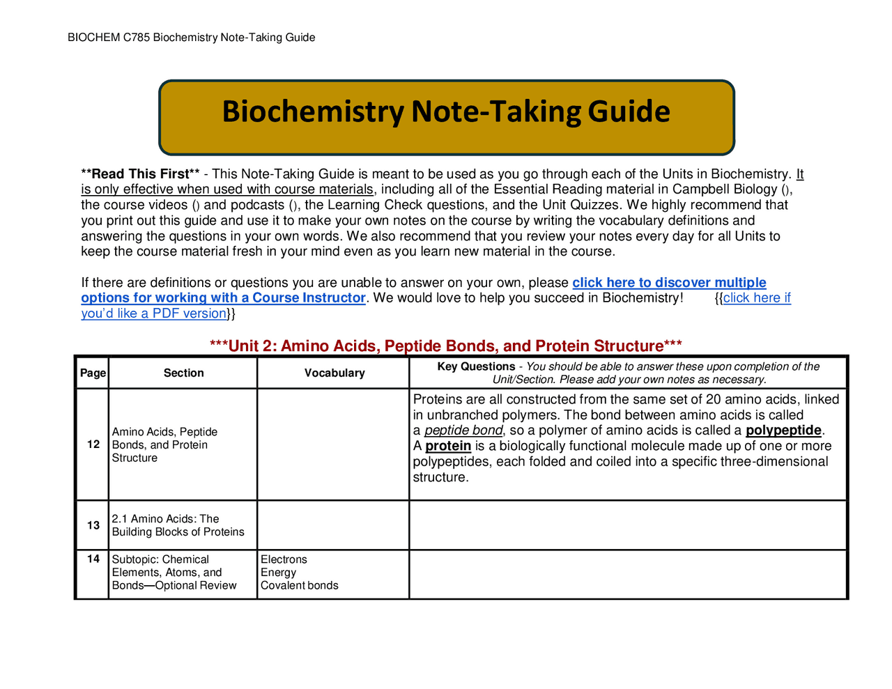 Biochem C785 Biochemistry Note Taking Guide Docsity