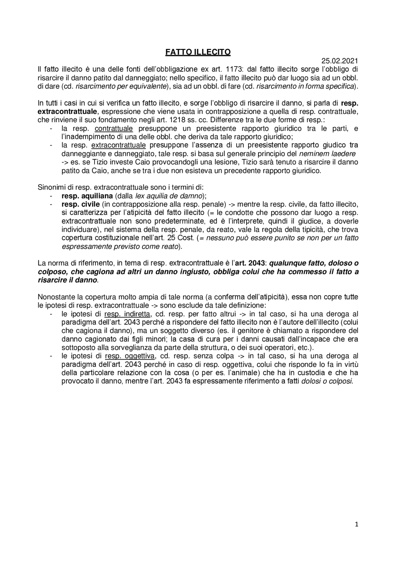 Appunti Diritto Civile Parte Fatto Illecito Docsity