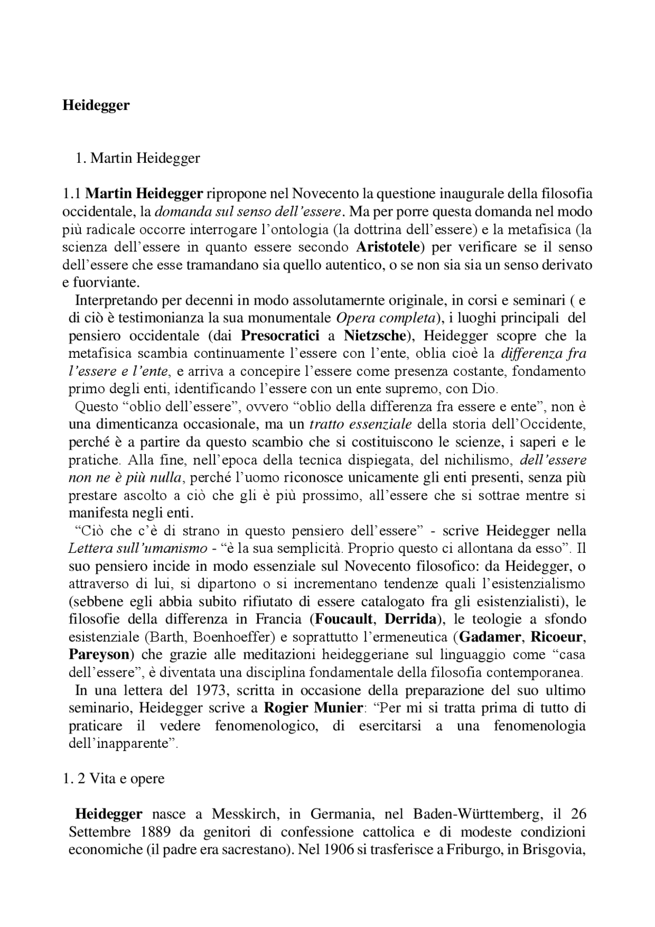 Riassunto schematico filosofia di Heidegger - Docsity