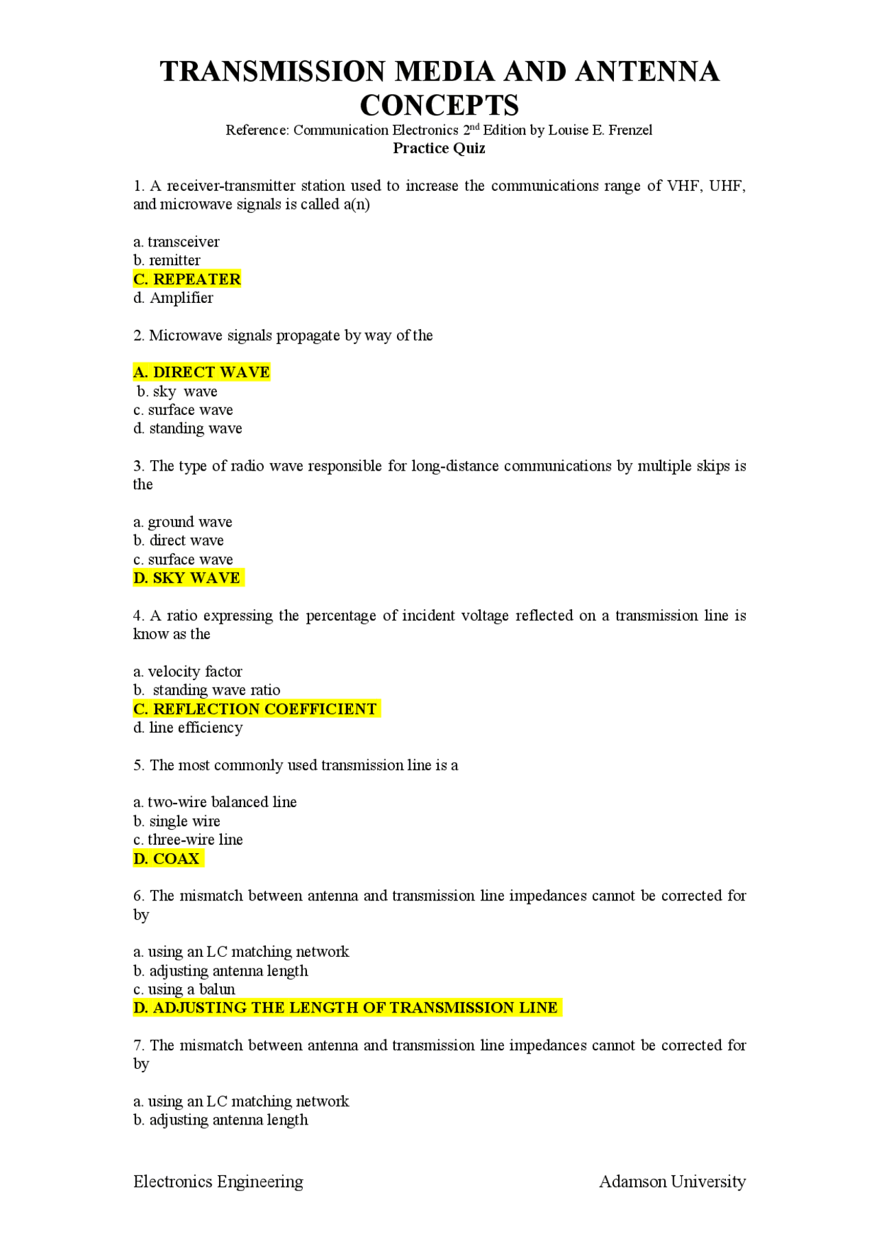 Transmission Media and Antenna Practice Quiz (Communication Electronics ...