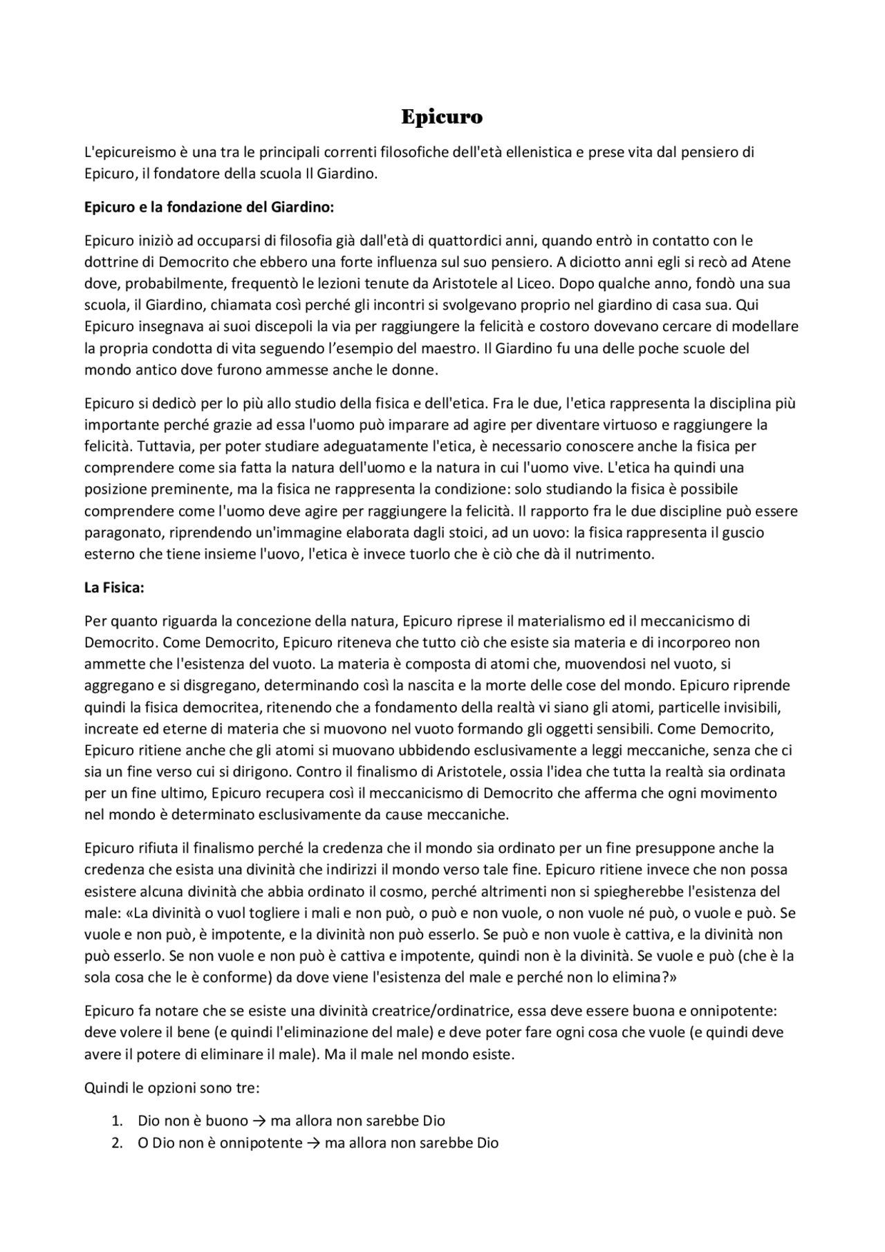 Epicuro Ed Epicureismo Docsity