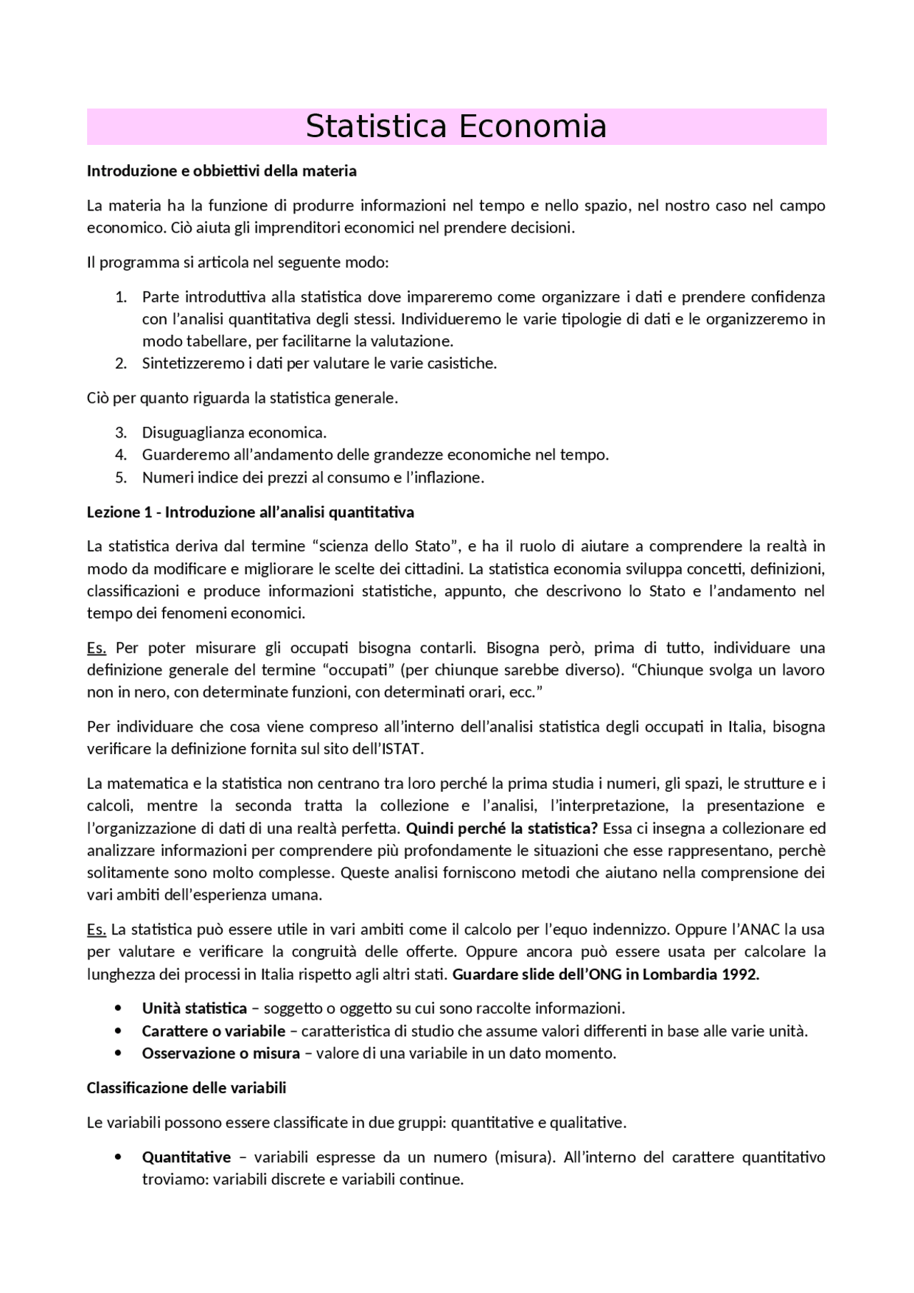 Appunti lezioni Statistica Economica - Unimib - Docsity