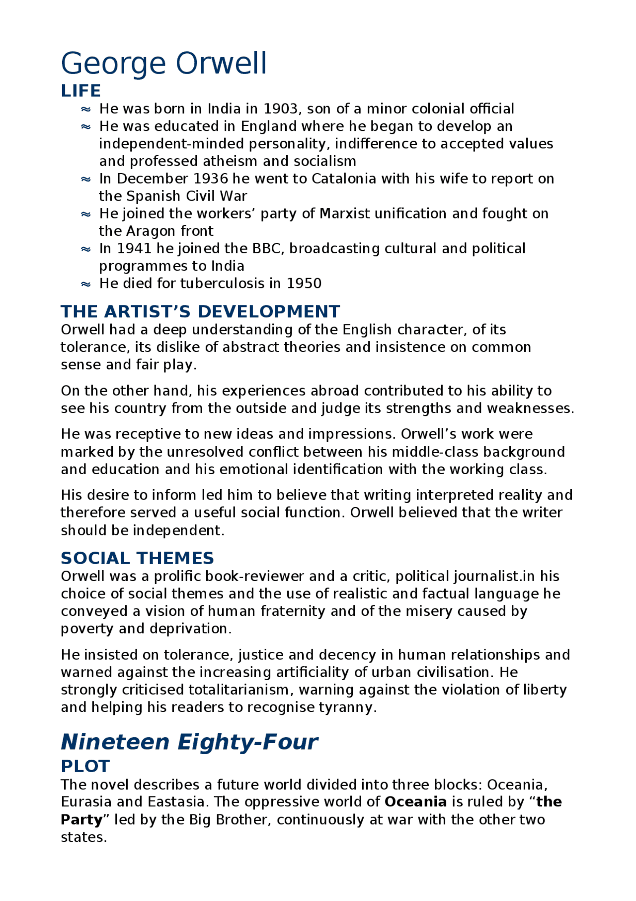George Orwell - English Literature - Docsity