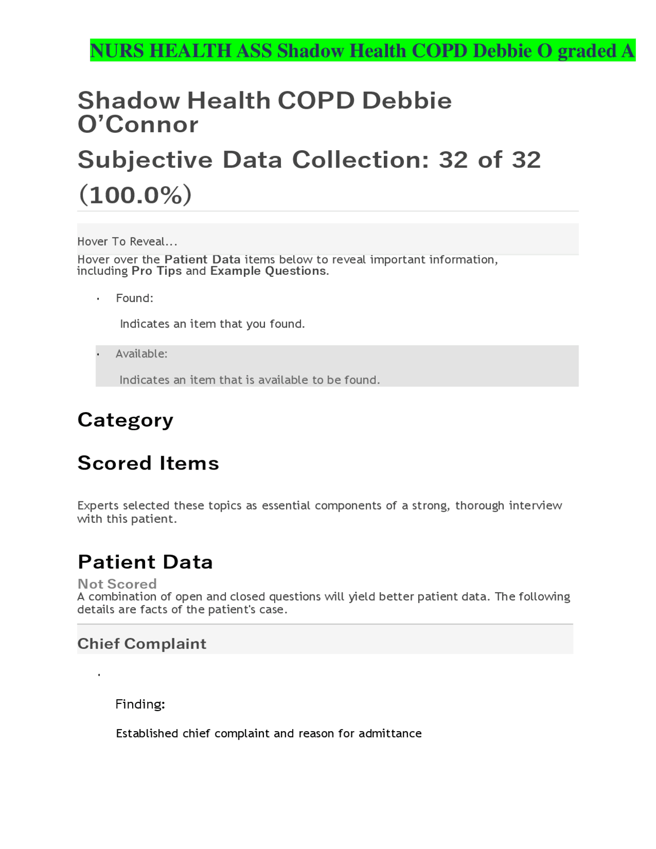 NURS HEALTH ASS Shadow Health COPD Debbie O graded A | Exams Nursing ...