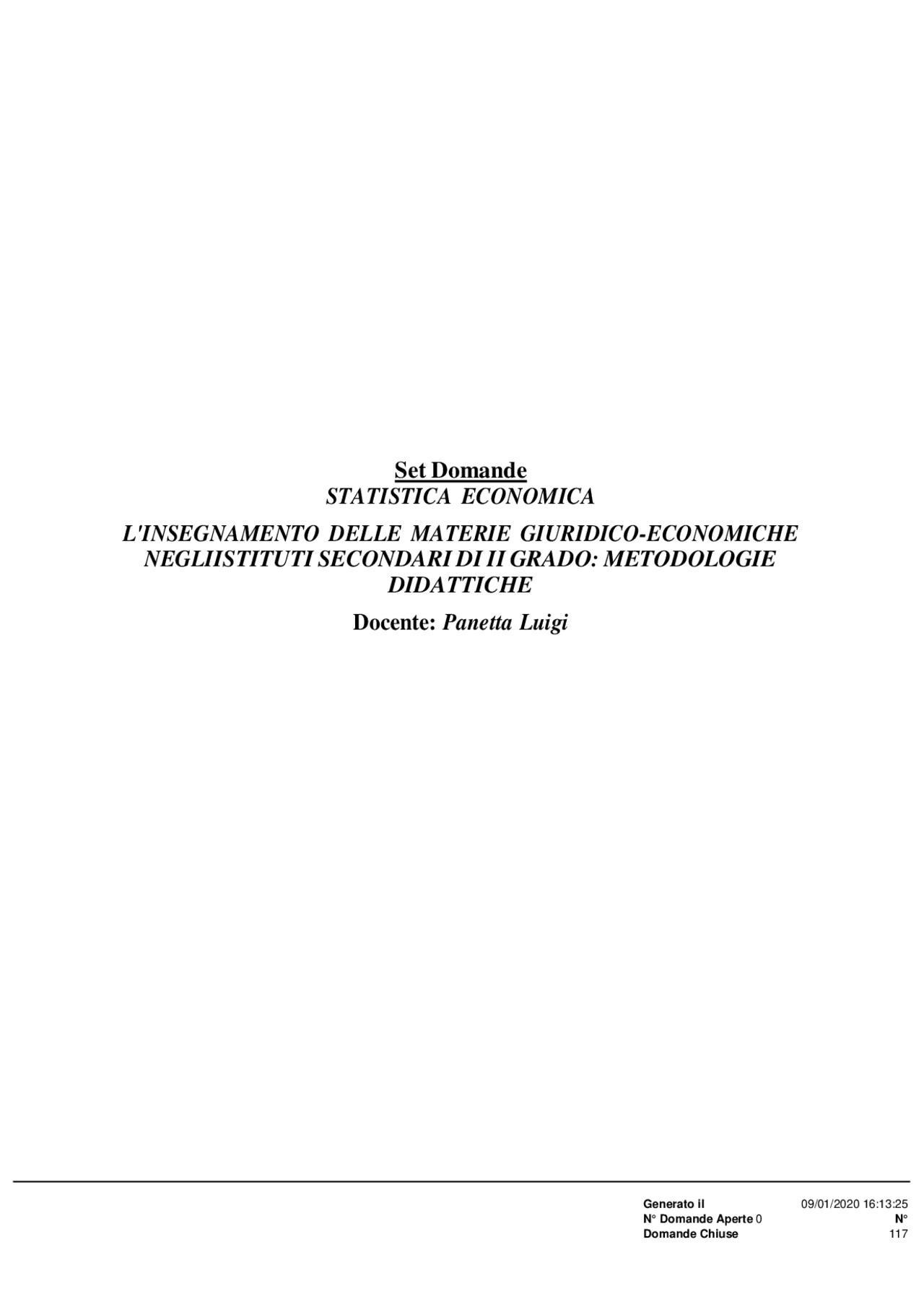 Paniere STATISTICA ECONOMICA MASTER prof. Panetta Luigi | Panieri di ...