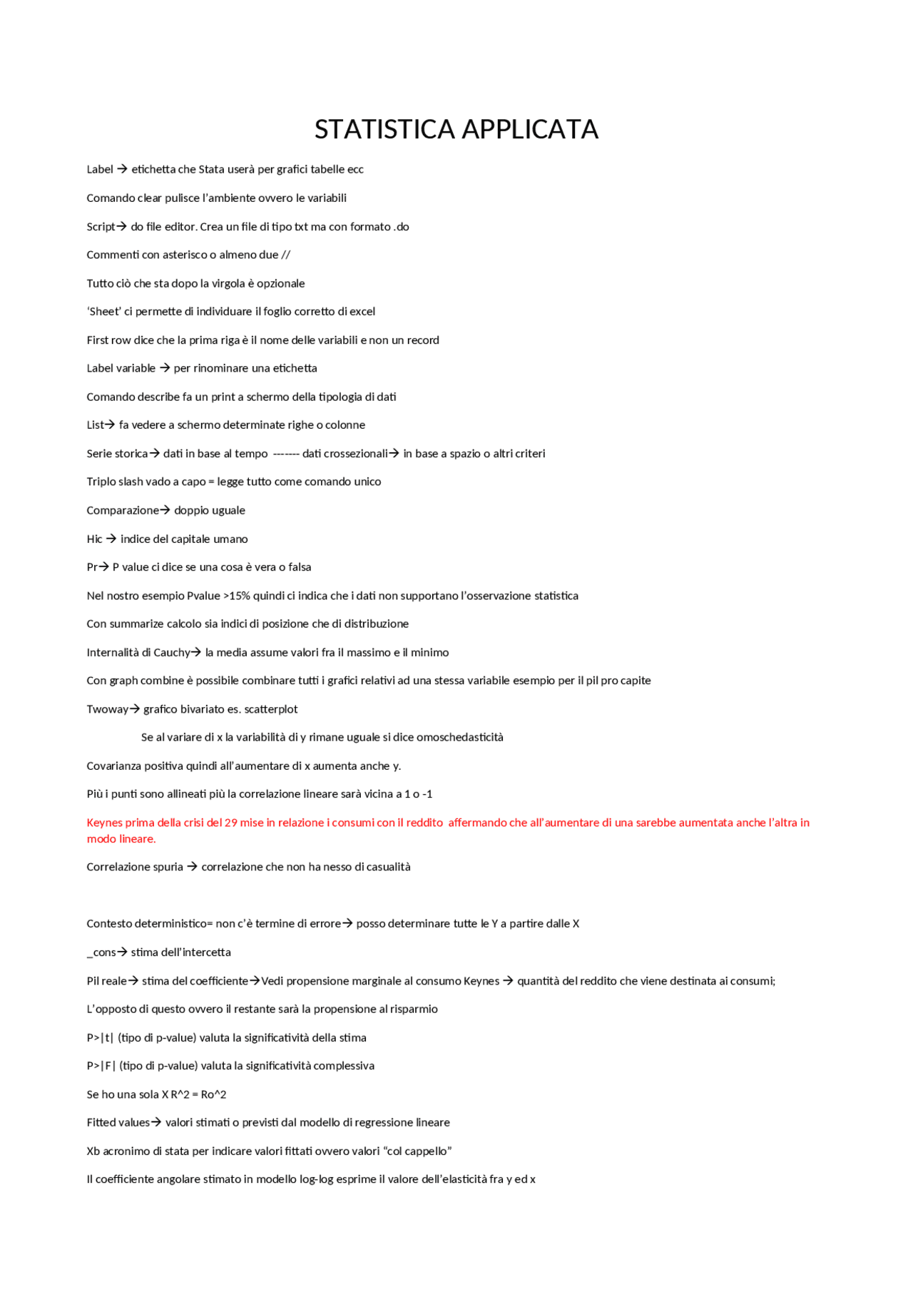 Appunti comandi stata | Schemi e mappe concettuali di Statistica | Docsity