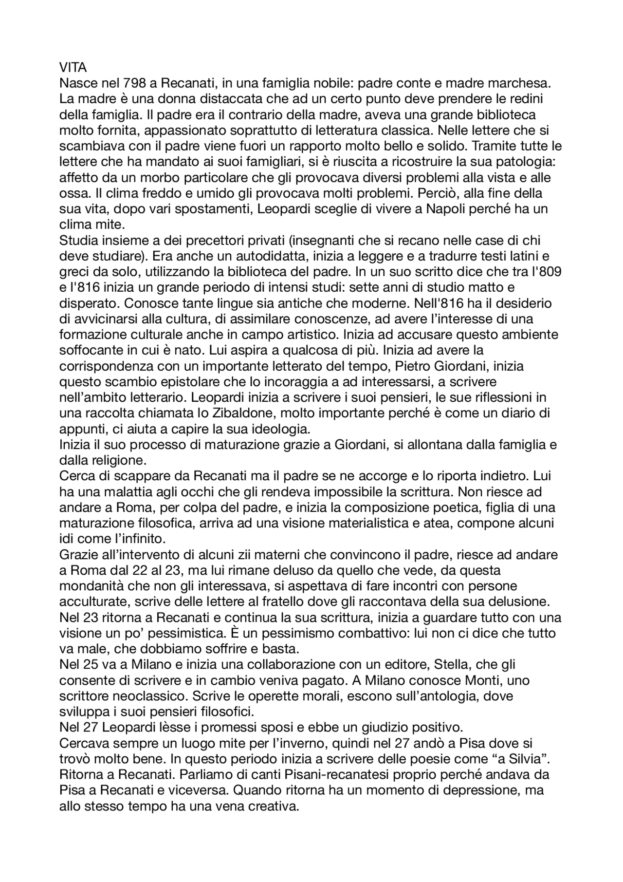 Leopardi Vita E Opere Docsity