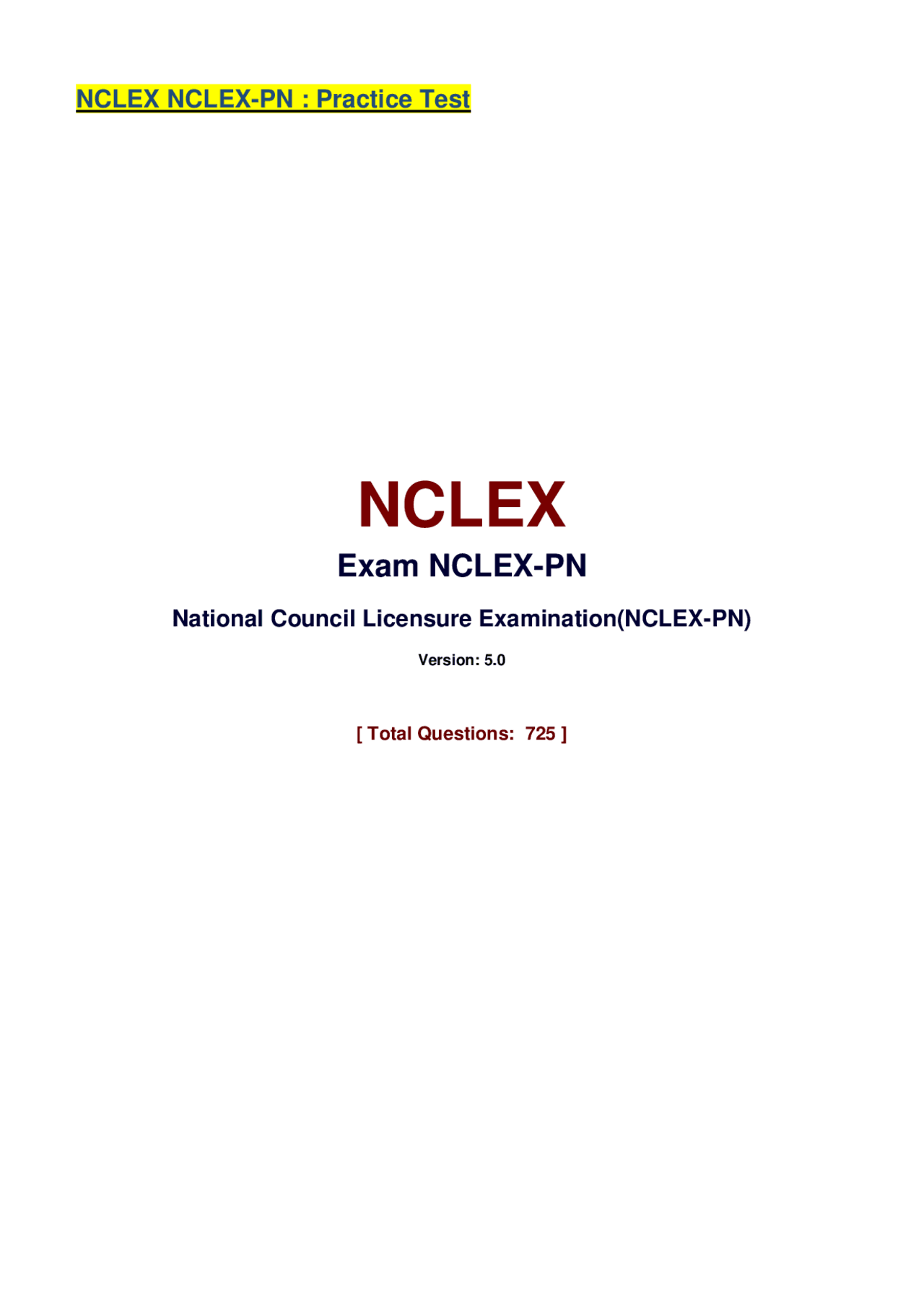 NCLEX NCLEX-PN : Practice Test - Docsity