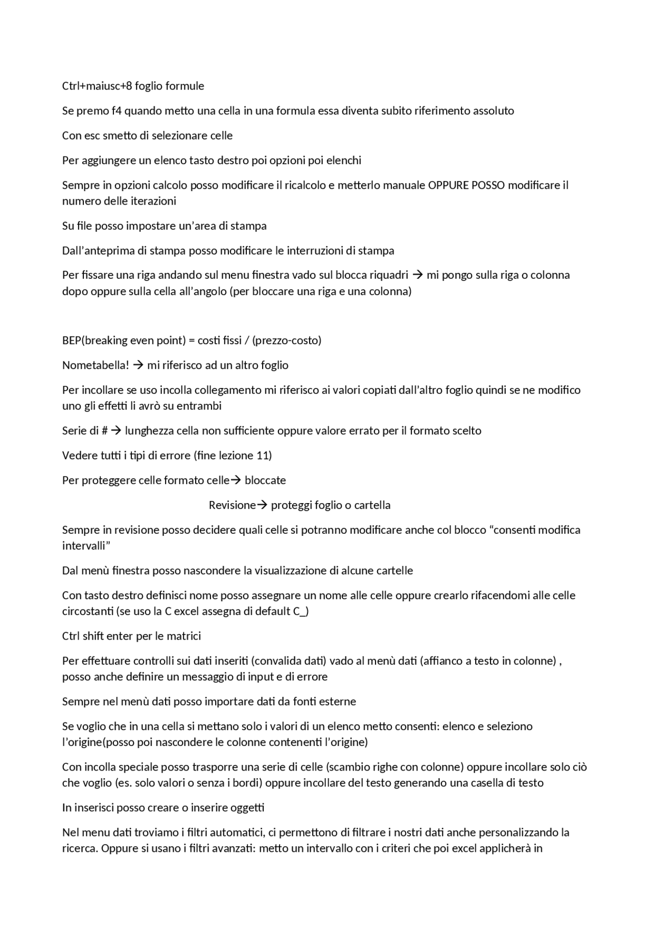 Appunti comandi excel - Docsity