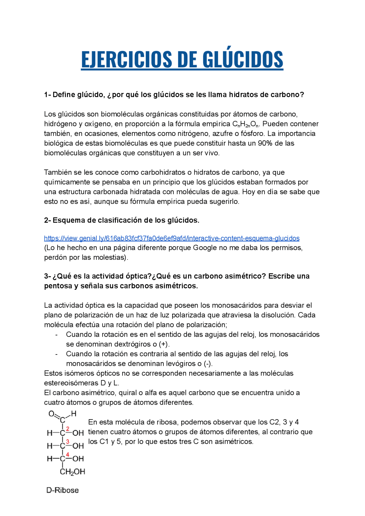 Ejercicios Tipo Ebau De Glúcidos Ejercicios De Biología Docsity