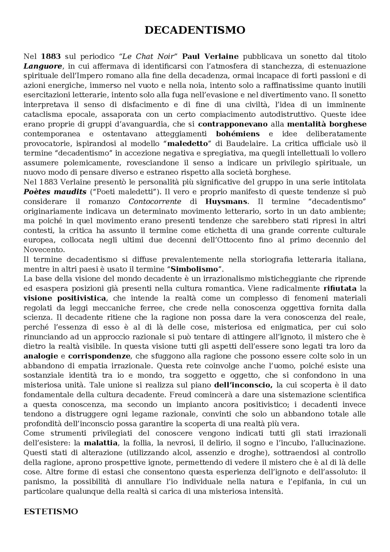 Decadentismo E Baudelaire Docsity