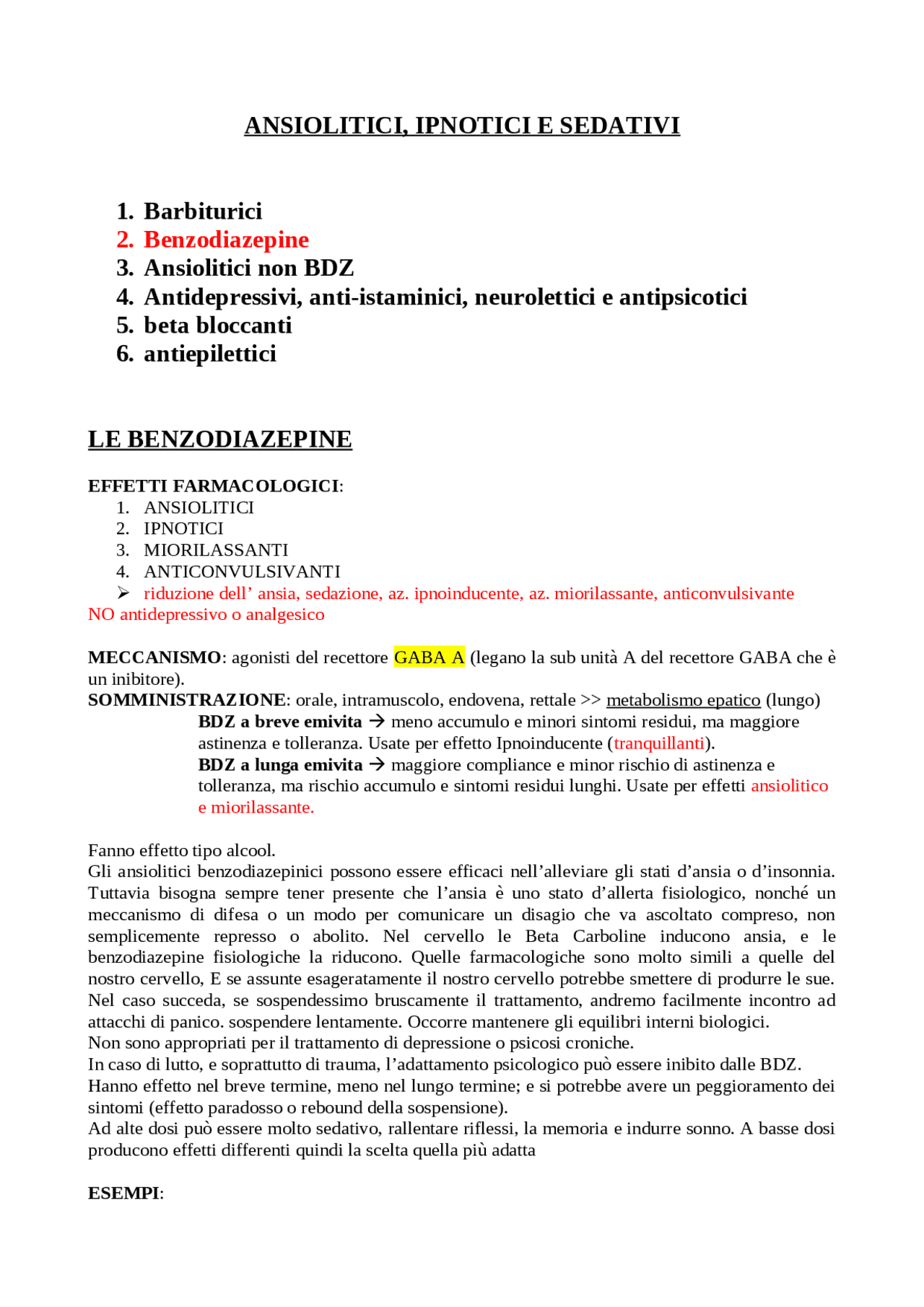 Farmaci ANSIOLITICI, IPNOTICI E SEDATIVI - Docsity