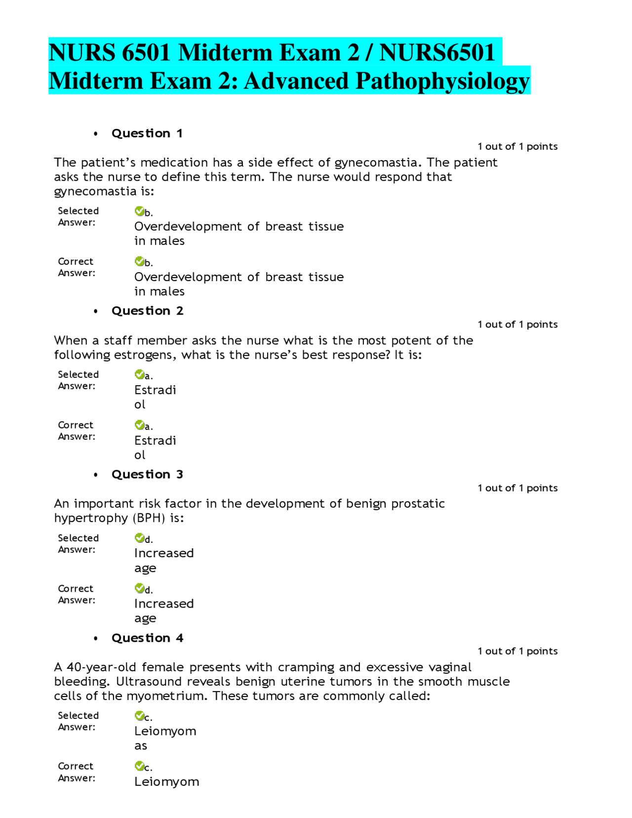 NURS 6501 Midterm Exam 2 / NURS6501 Midterm Exam 2: Advanced ...