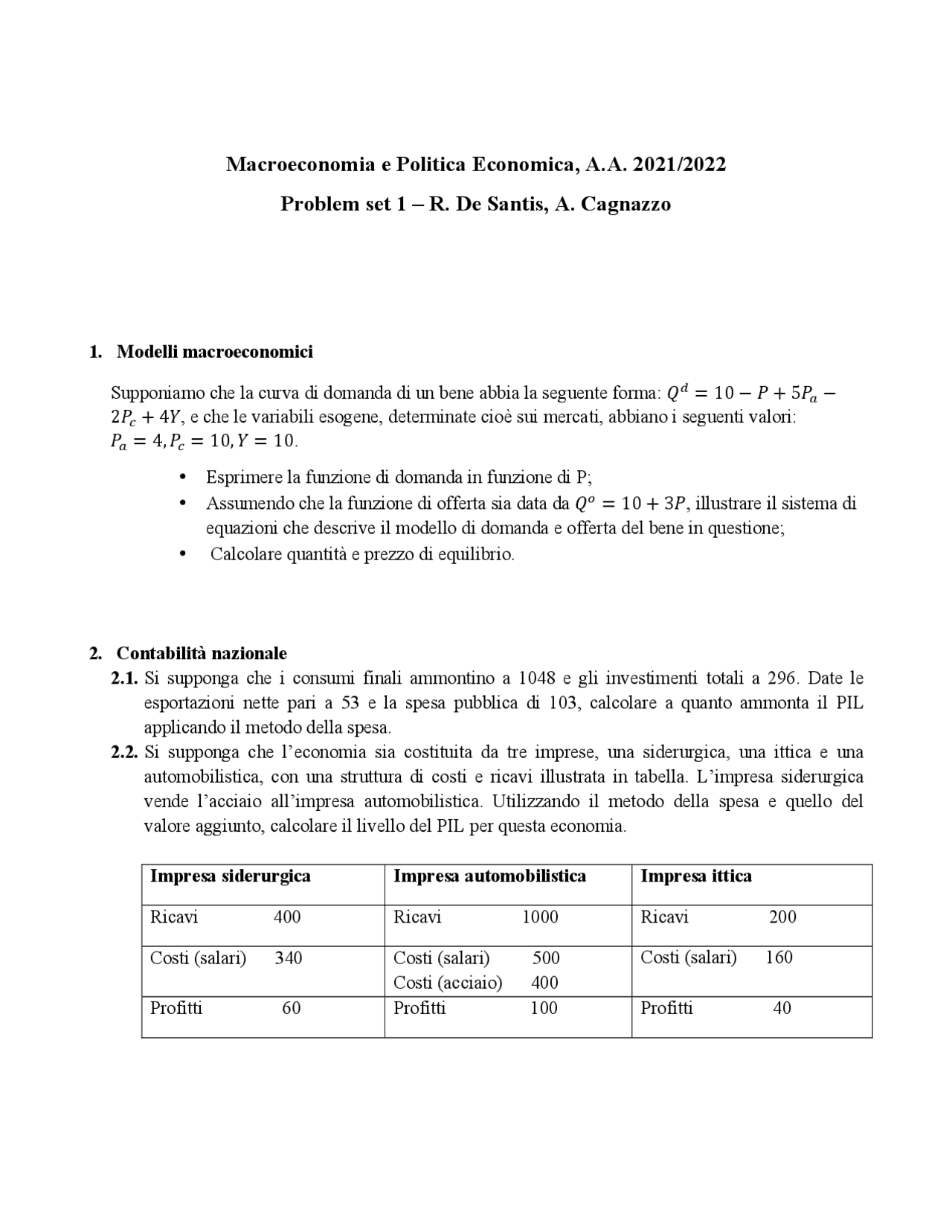 Problem Set Macroeconomia Esercizi Sulla Macroeconomia Esercizi Di