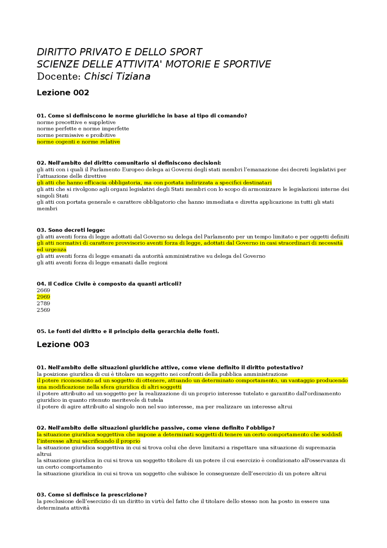 Paniere Diritto Privato e dello Sport - Risposte Chiuse - eCampus prof. Tiziana Chisci | Panieri ...