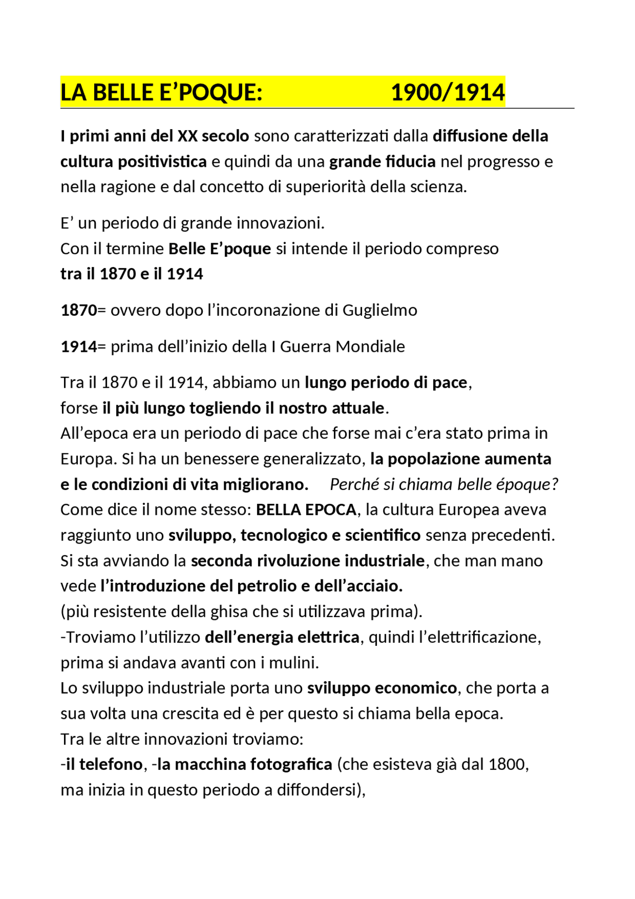 La belle époque spiegazione - Docsity