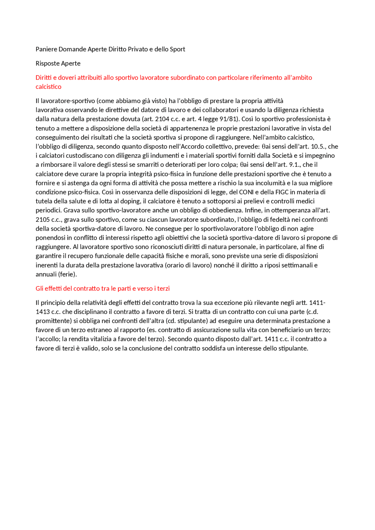 Paniere risposte aperte di DIRITTO PRIVATO E DELLO SPORT eCampus prof.Tiziana Chisci | Panieri ...