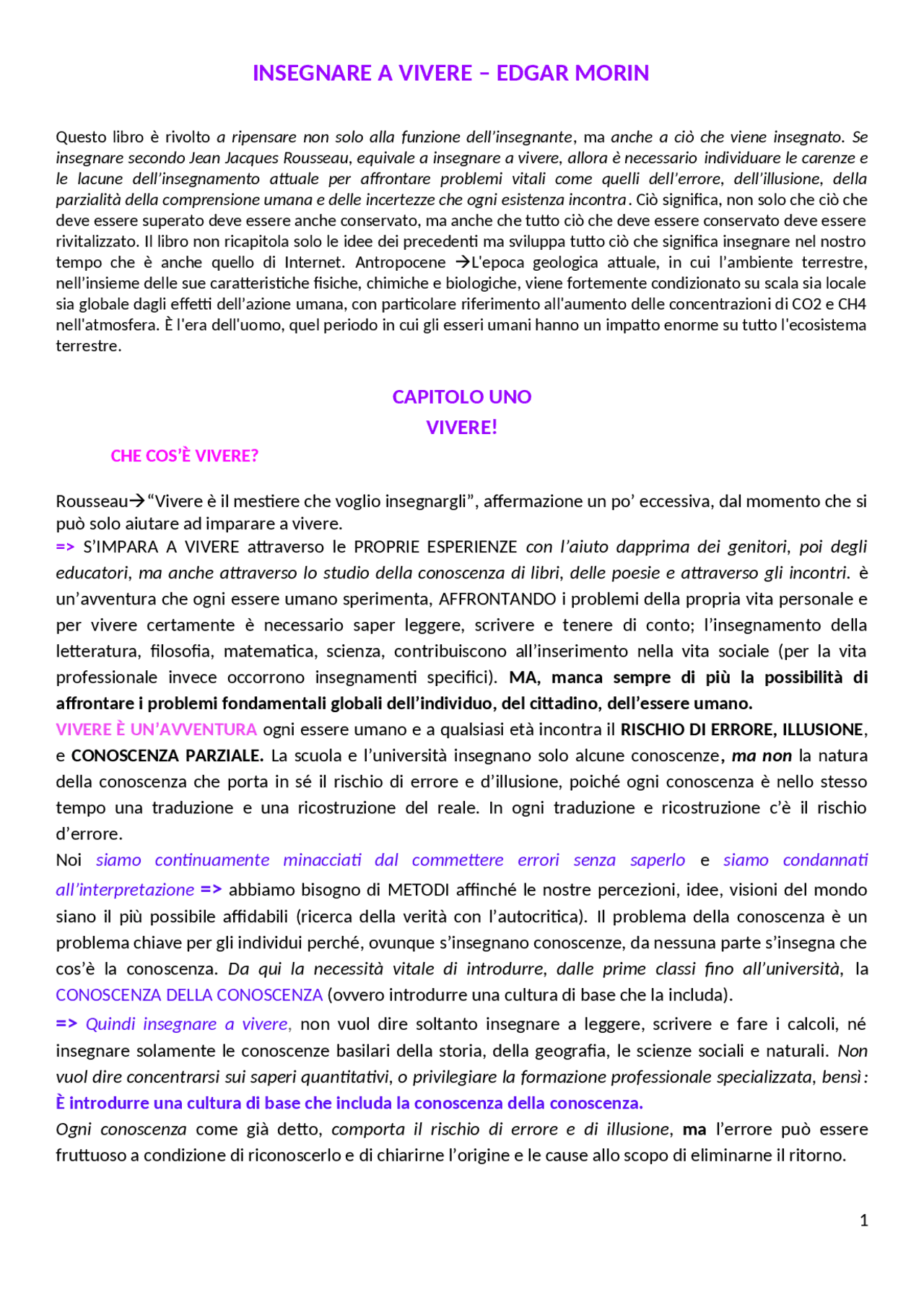 Sintesi del testo "Insegnare a vivere" - Docsity