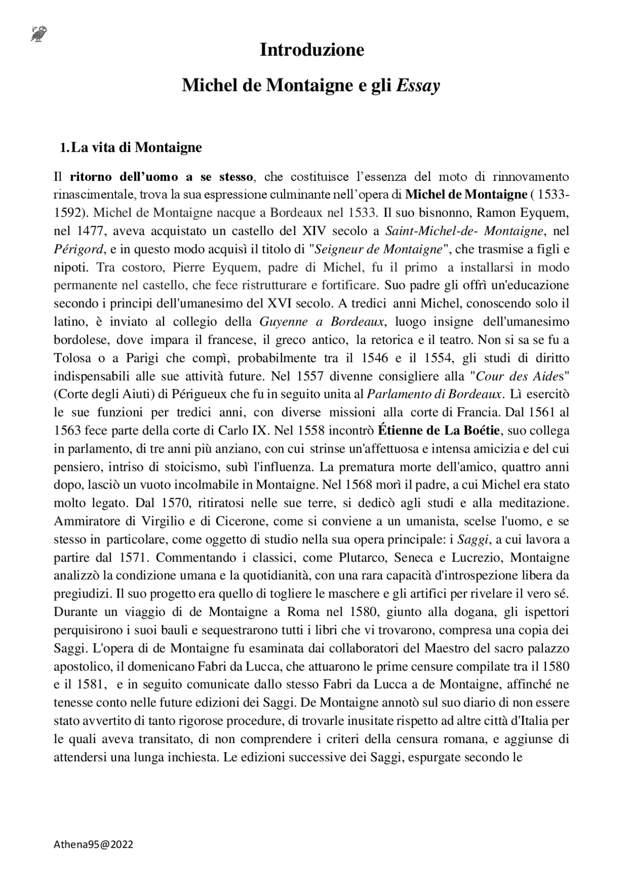 Introduzione A Michel De Montaigne E Gli Essay Docsity