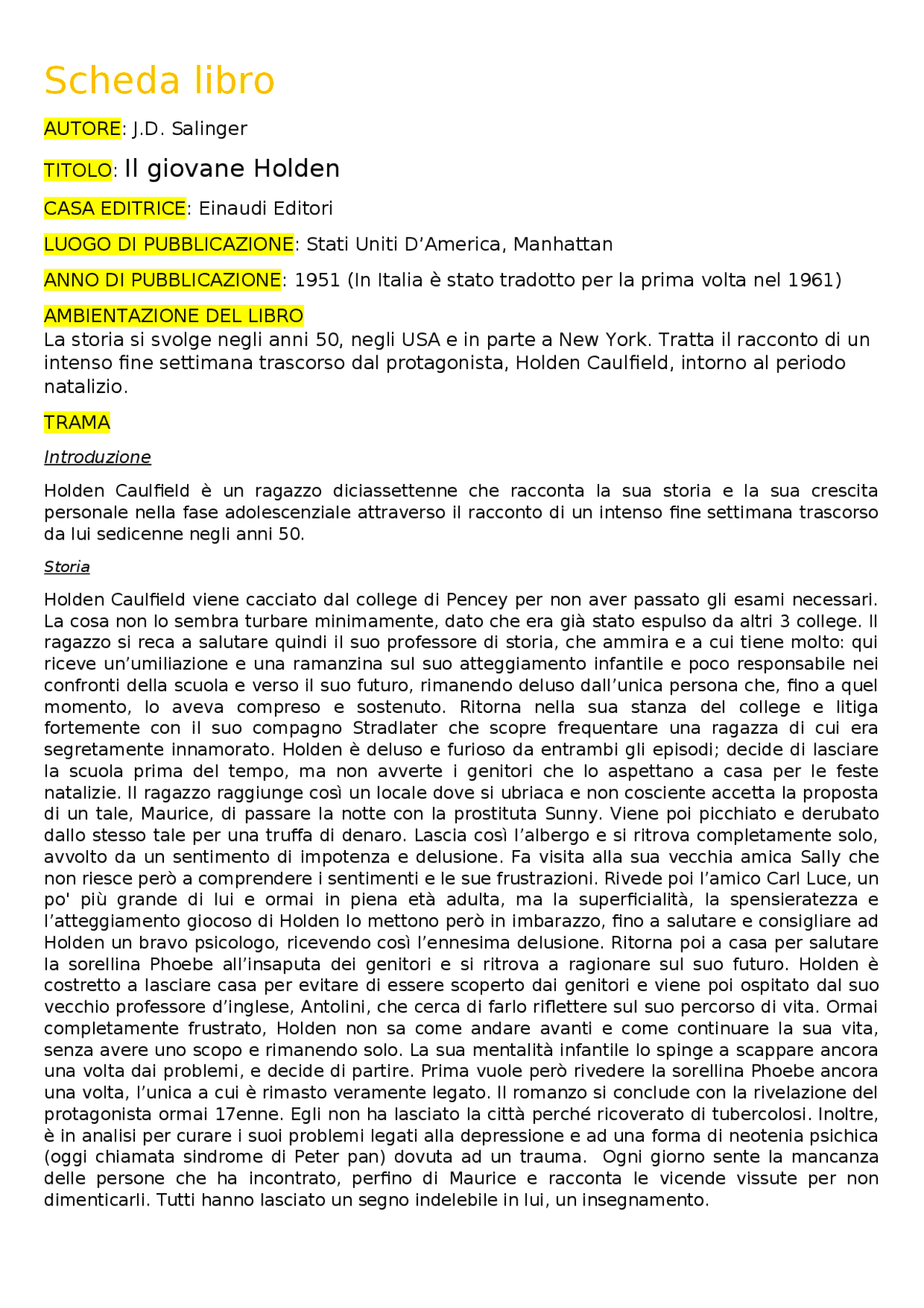 Scheda Libro Il Giovane Holden Salinger Docsity