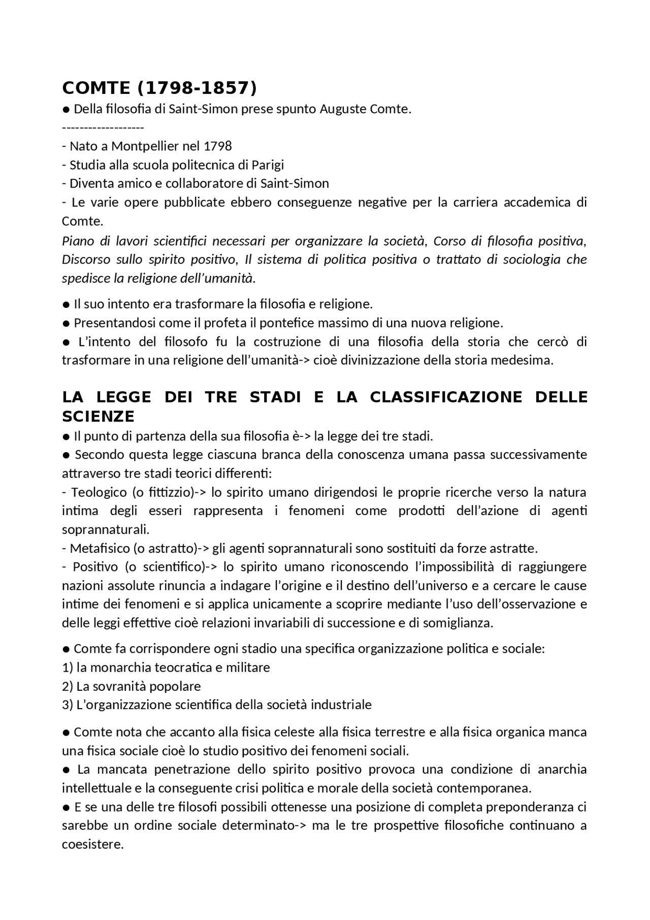 Sintesi Di Auguste Comte Docsity