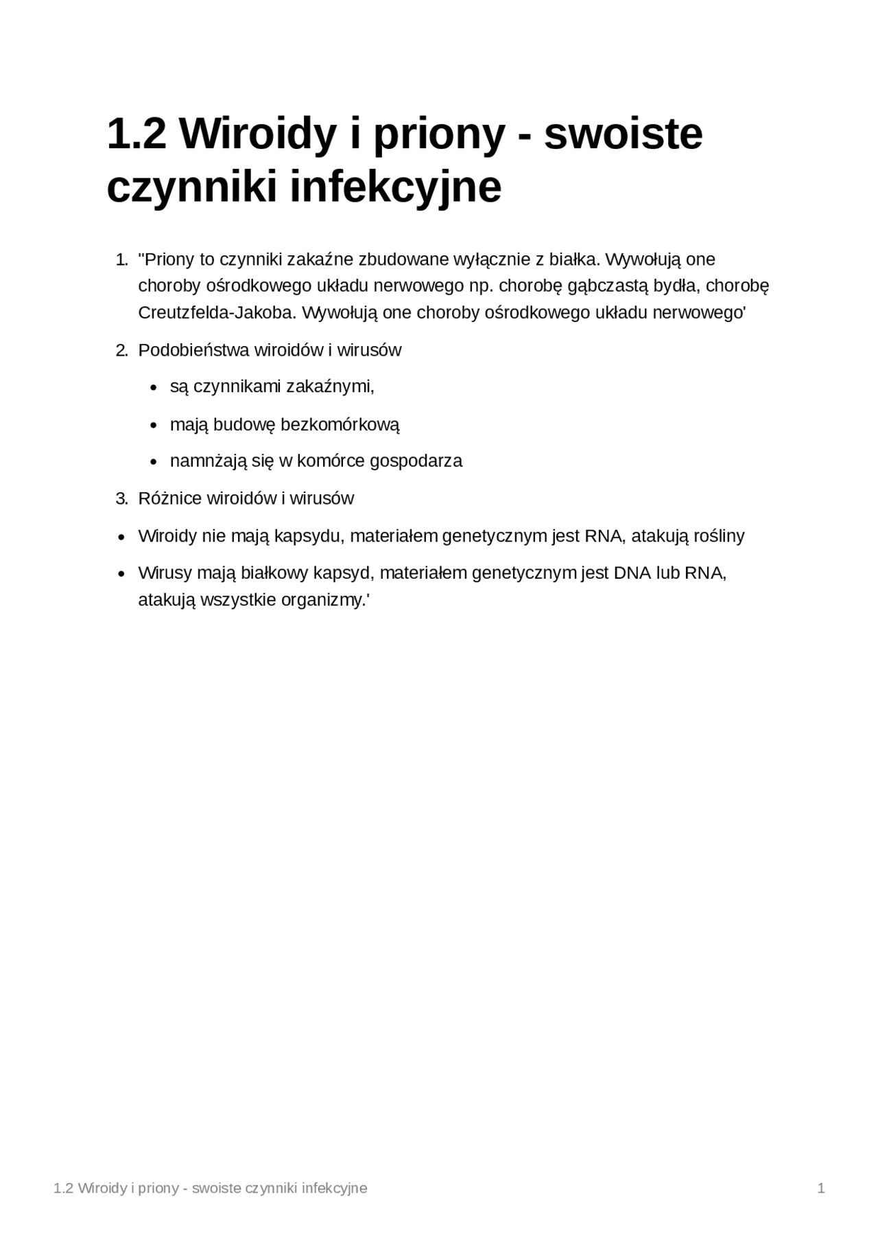 Wiroidy i priony - swoiste czynniki infekcyjne | Notatki Biologia | Docsity